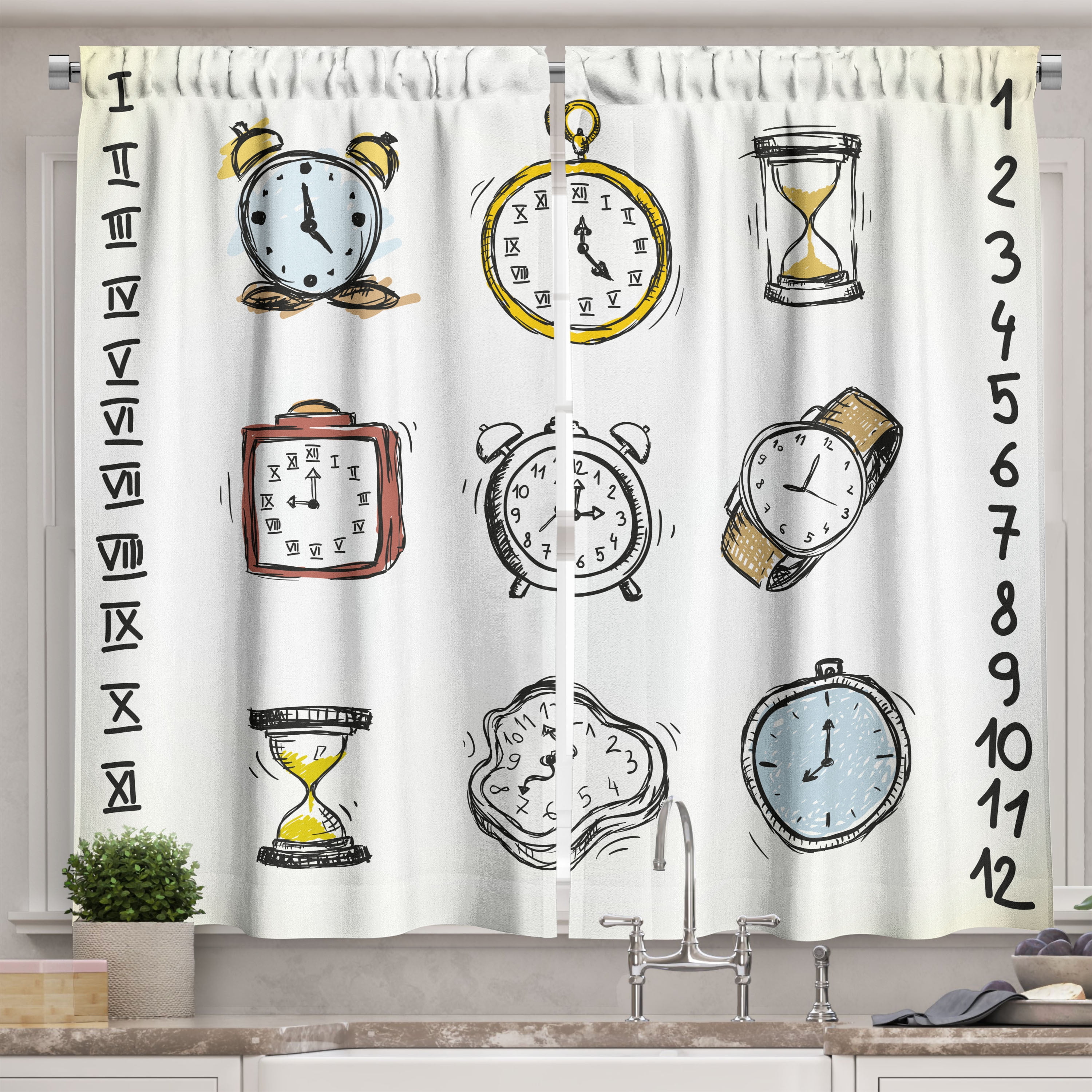 Ambesonne Hipster Kitchen Curtains, Hand Drawn Vintage Clock, 55"x45 ...