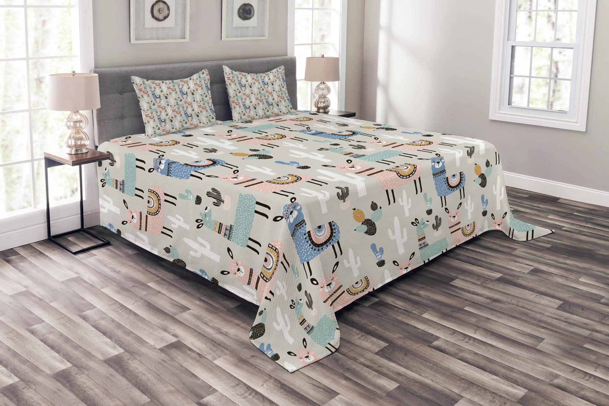 Ambesonne Hipster Quilted Bedspread Set 3 Pcs, Llama Cartoon Art, King ...