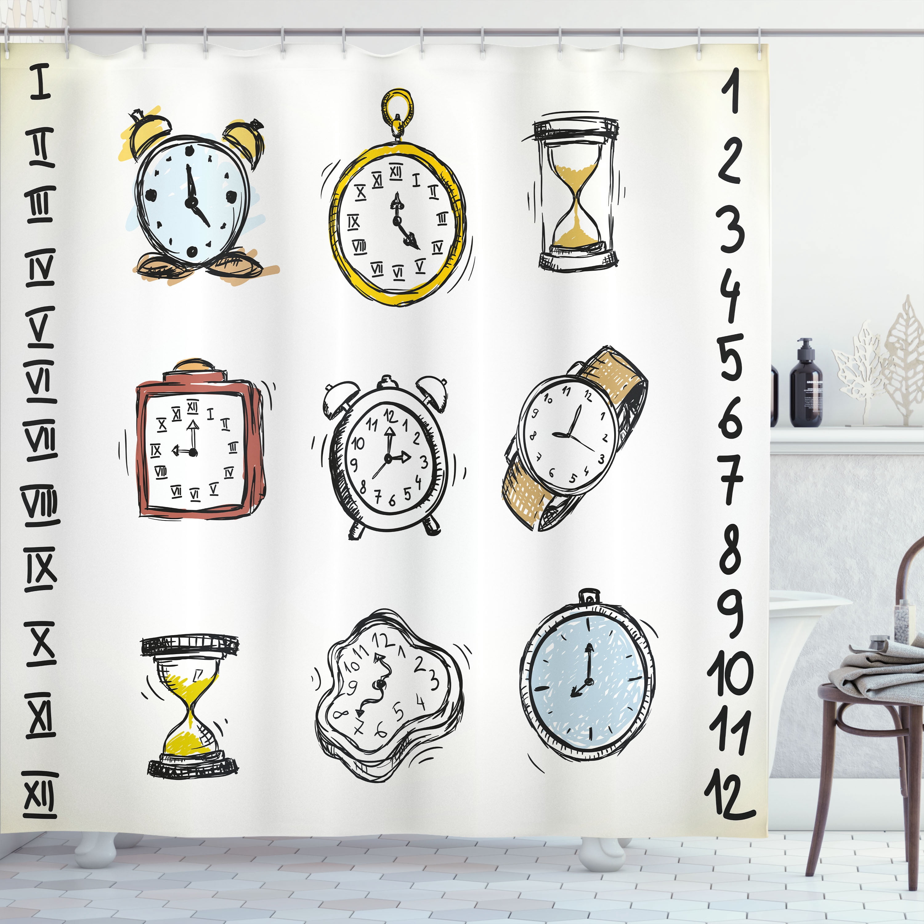 Ambesonne Hipster Shower Curtain, Hand Drawn Vintage Clock, 69"Wx70"L ...