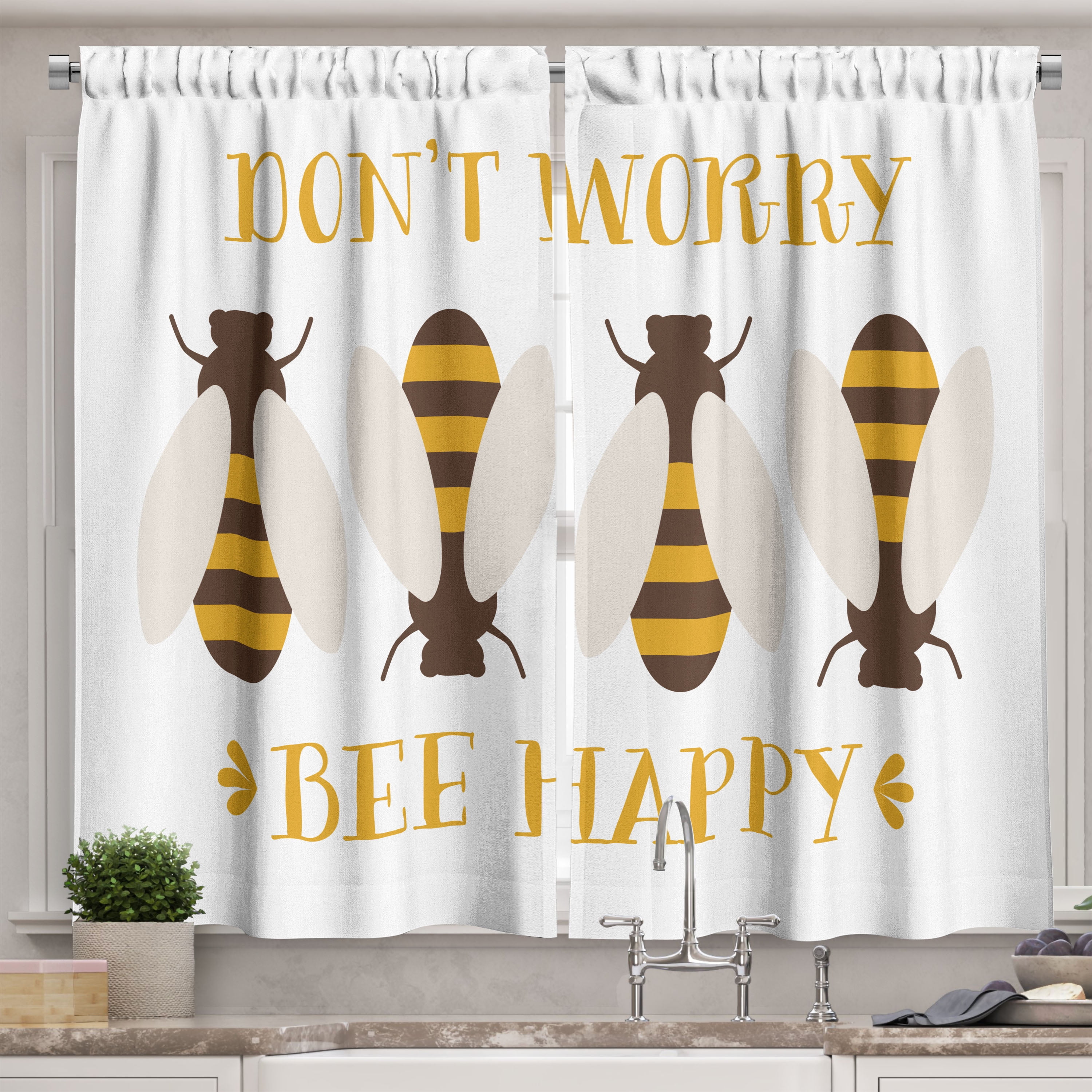 Ambesonne Honey Bee Kitchen Curtains, Don't Worry Bee Happy, 55"x45 ...