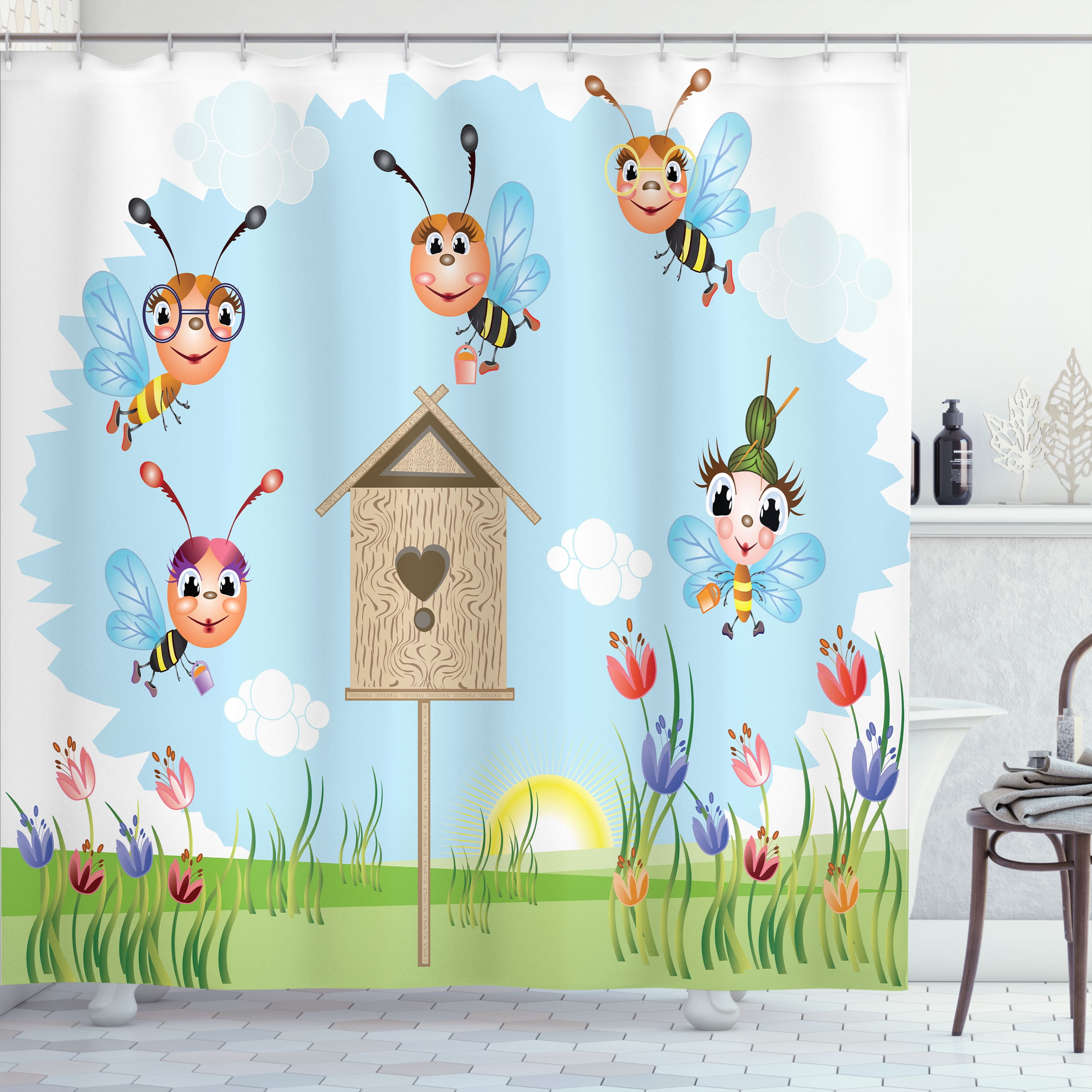 Ambesonne Honey Bee Shower Curtain, Cheerful Meadow Landscape, 69"Wx84 ...