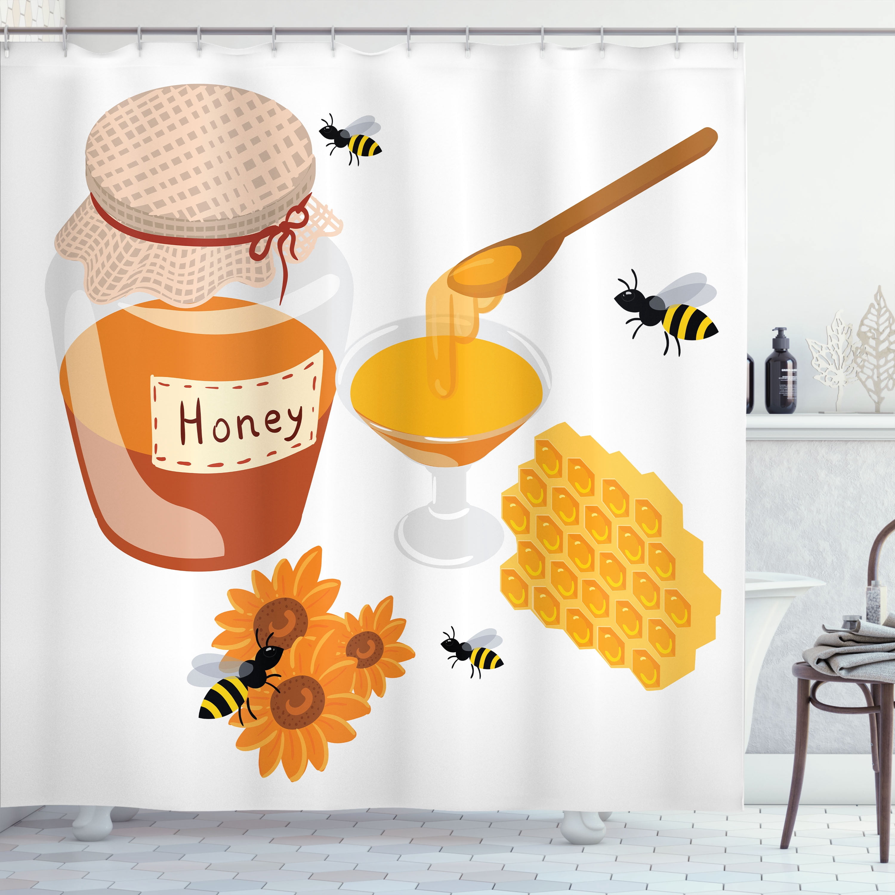 Ambesonne Honey Bee Shower Curtain, Spoon Jar and Sunflowers, 69"Wx84"L ...