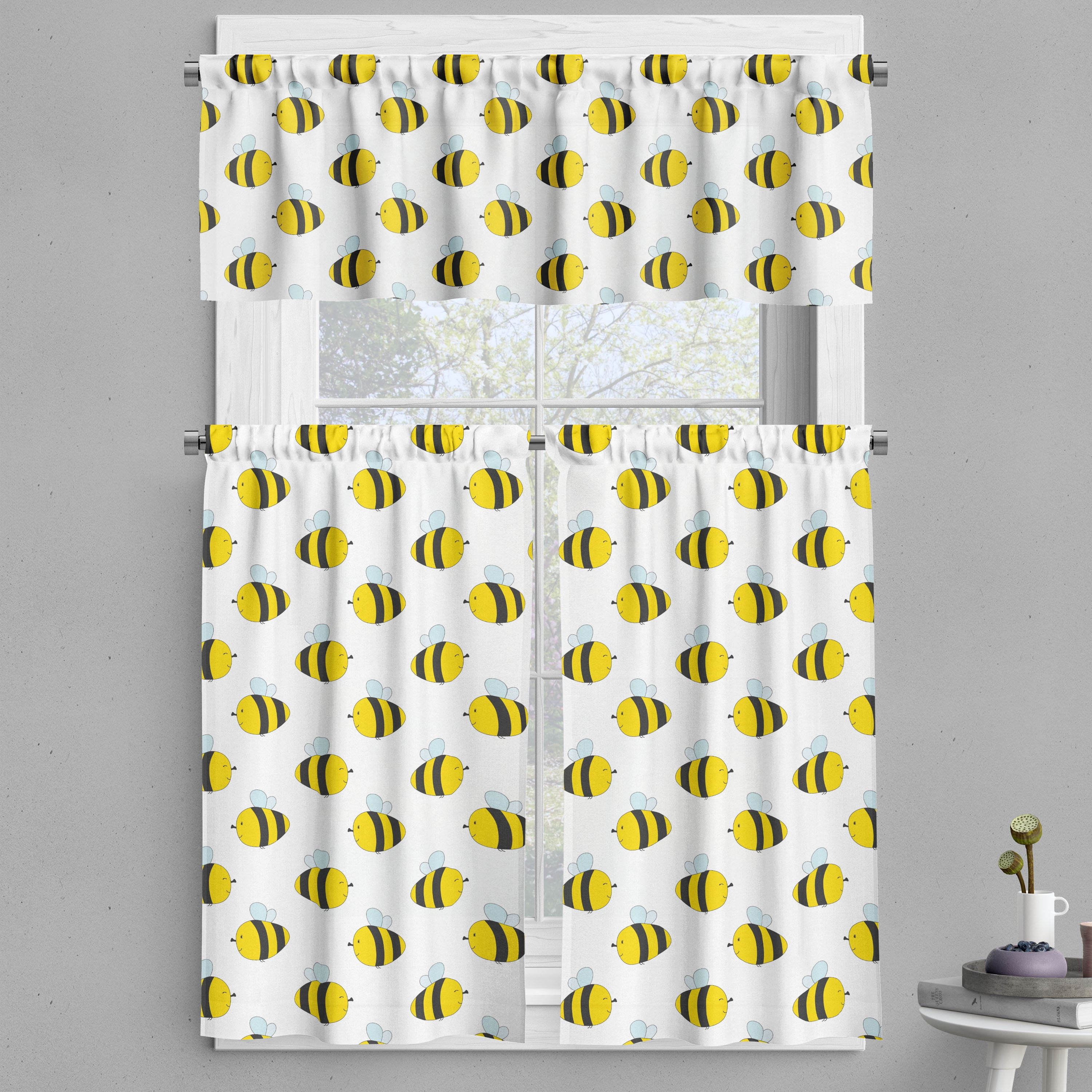 Ambesonne Honey Bee Valance & Curtain, Graphical Flying Insects, 55"x24 ...