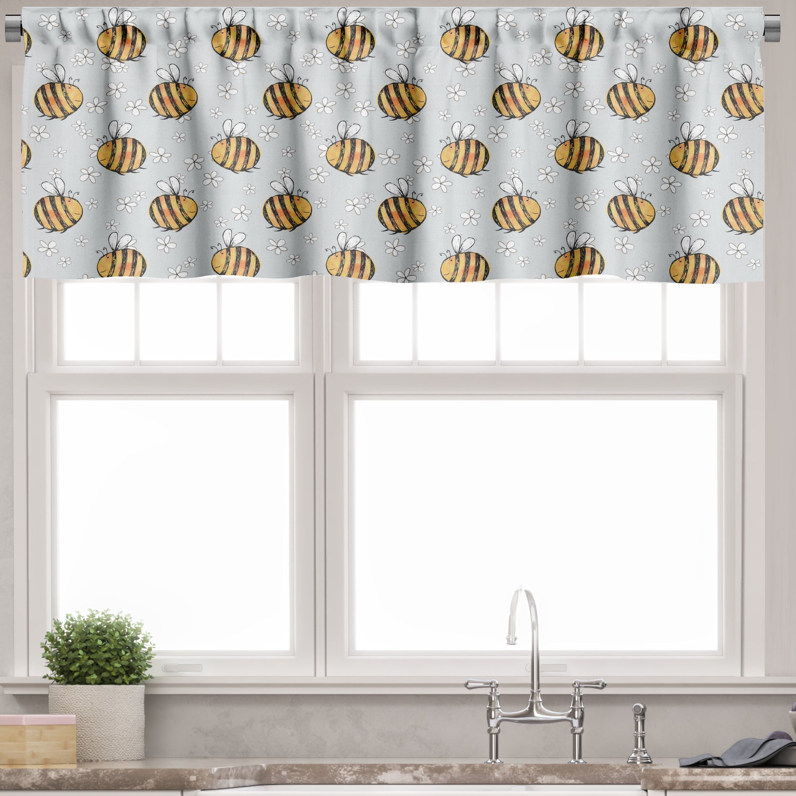 Ambesonne Honey Bee Valance Pack of 2, Hand Drawn Flower Scene, 54"X18 ...