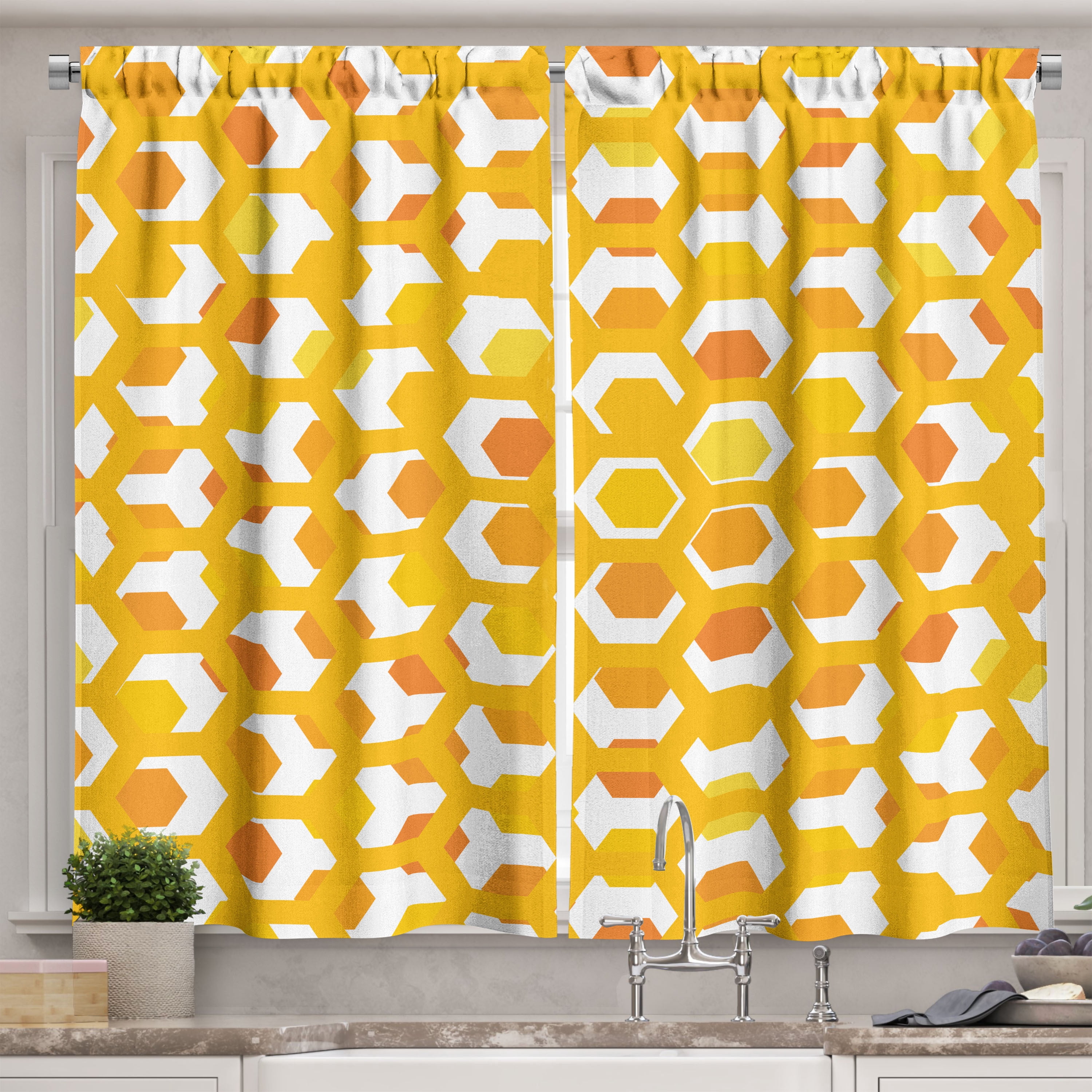 Ambesonne Honeycomb Kitchen Curtains, Goldish Colored Hexagons, 55"x36 ...