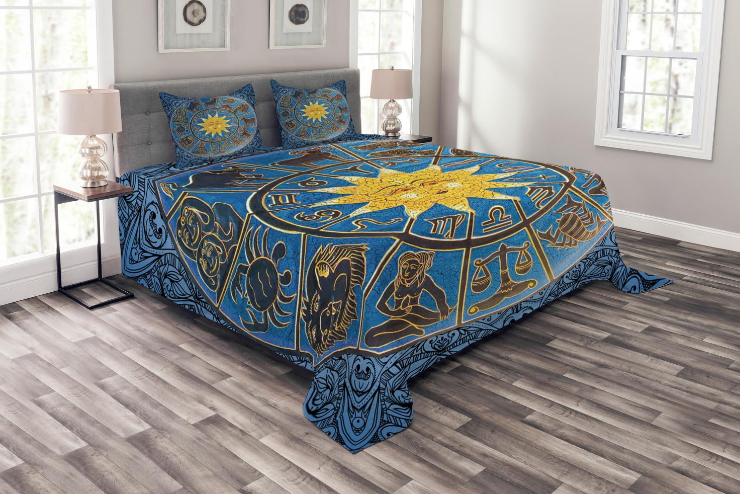 Ambesonne Horoscope Quilted Bedspread Set 3 Pcs, Zodiac Signs Circle ...