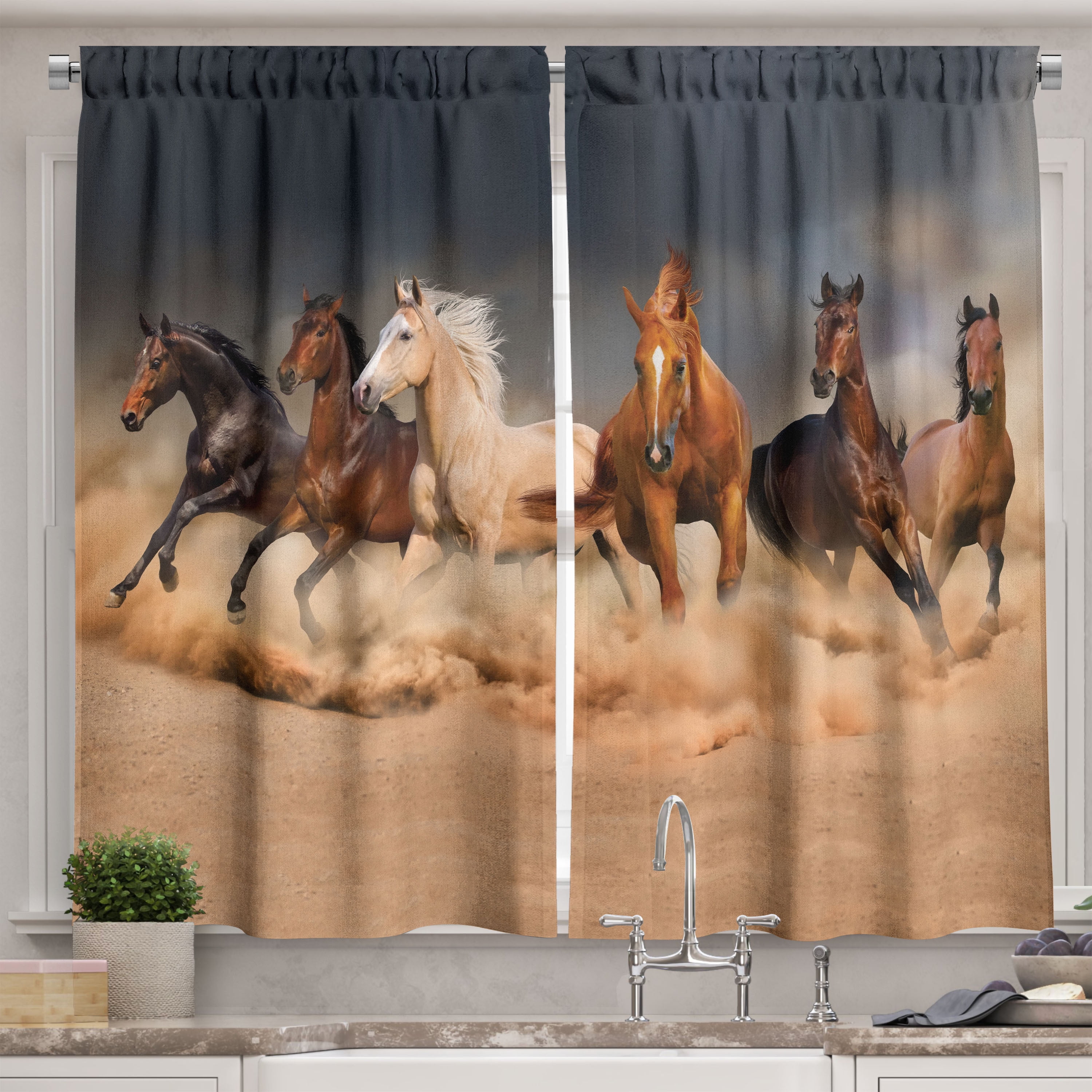 Ambesonne Horse Kitchen Curtains, Equine Themed Animals, 55"x45", Brown ...