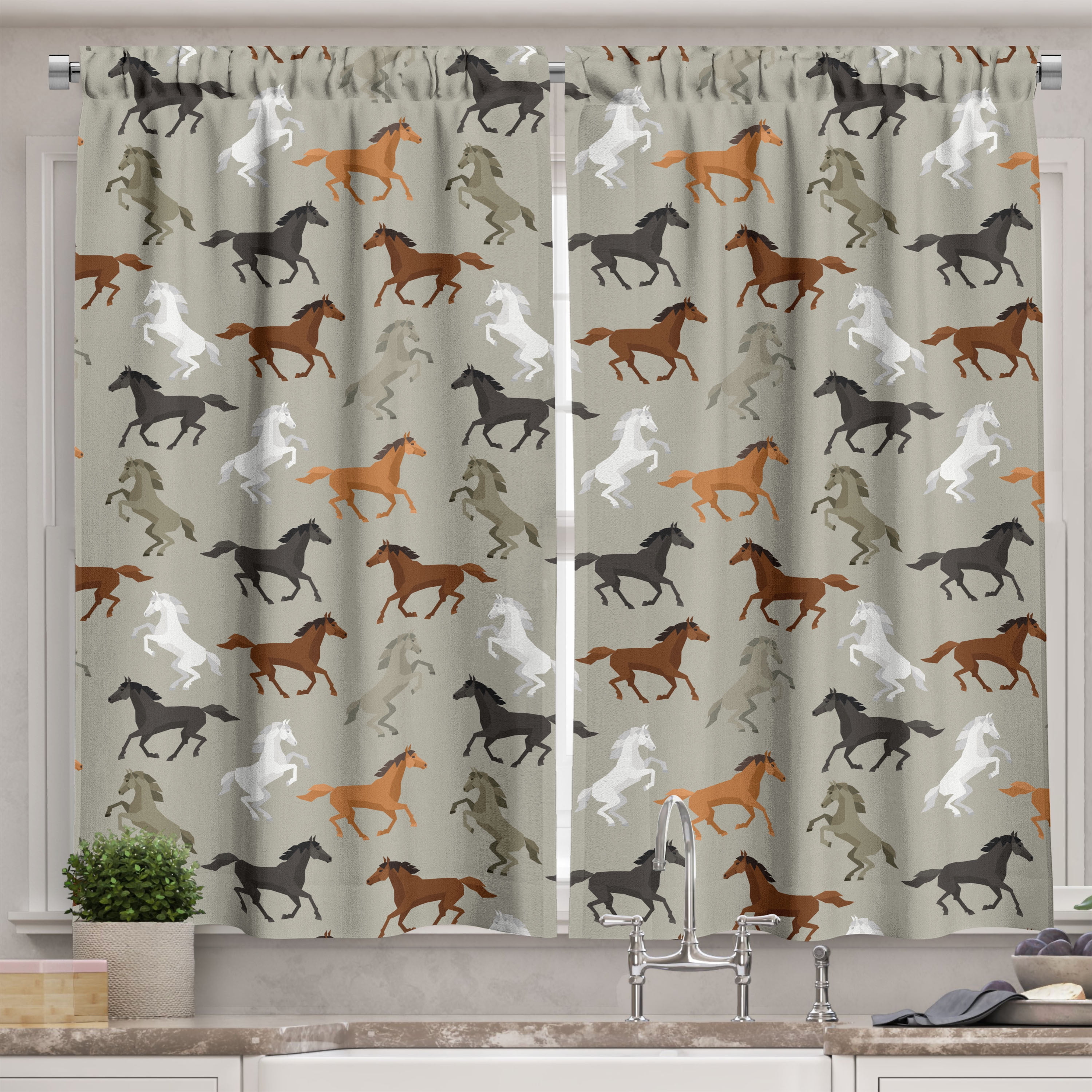 Ambesonne Horses Kitchen Curtains, Stallion Galloping Motif, 55"x45 ...