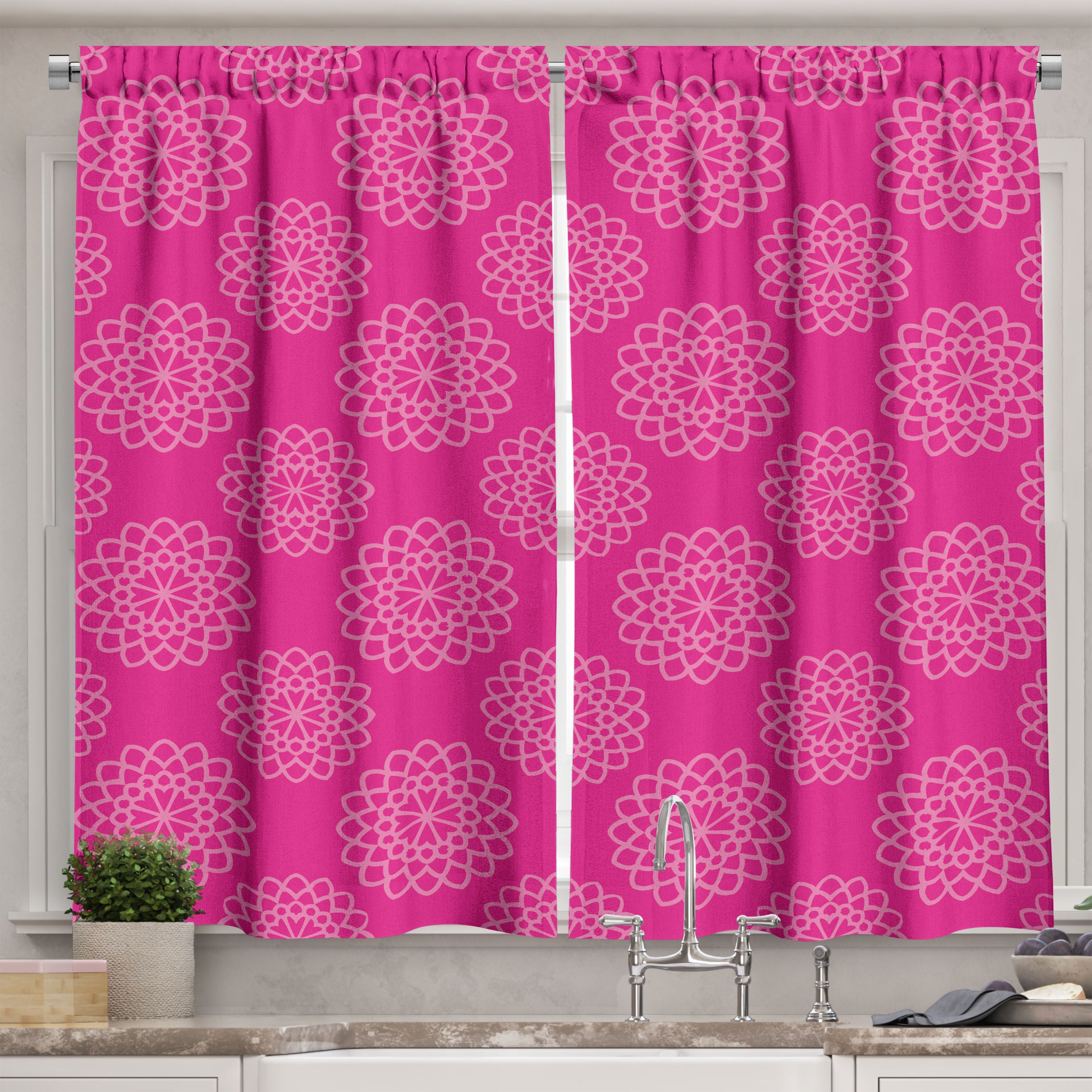 Ambesonne Hot Pink Kitchen Curtains, Geometric Flower Motif, 55"x45 ...