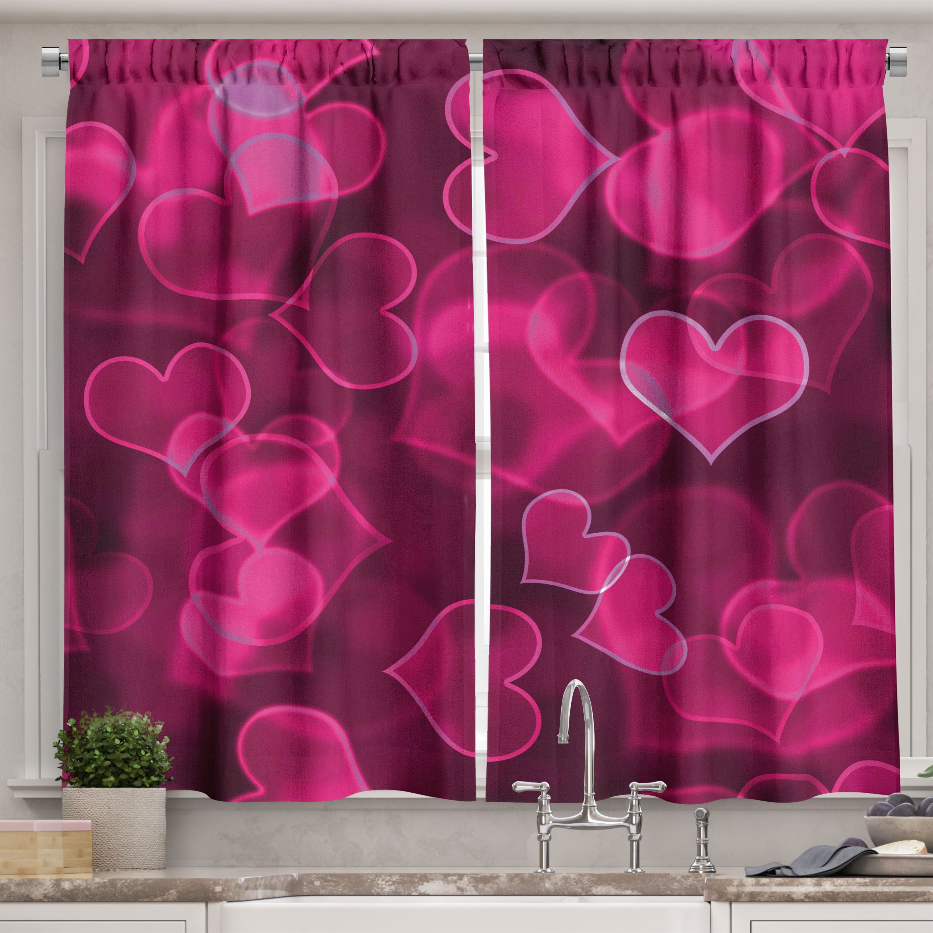 Ambesonne Hot Pink Kitchen Curtains, Hearts Blurry, 55"x39", Magenta ...