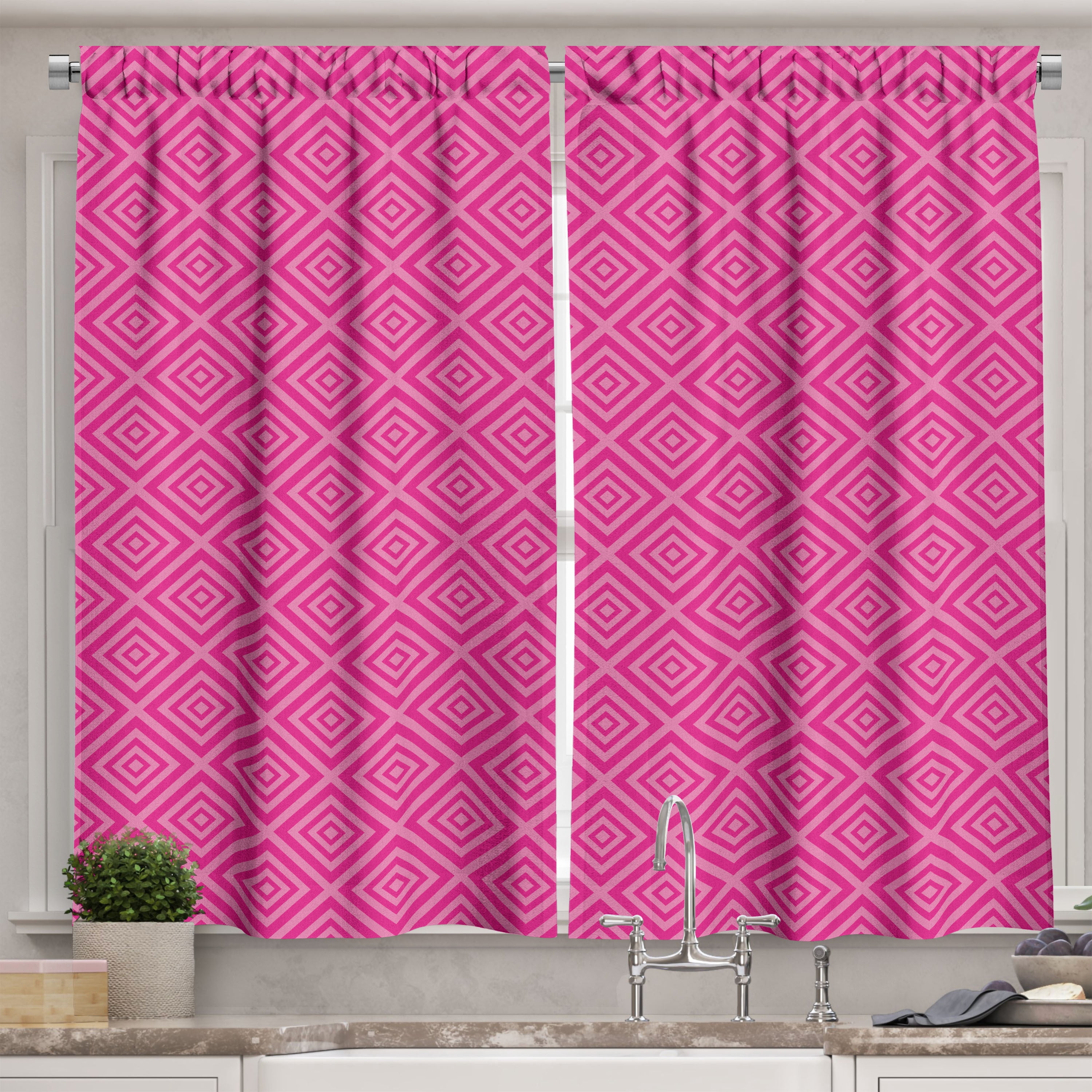 Ambesonne Hot Pink Kitchen Curtains, Squares Classical Tile, 55"x45 ...