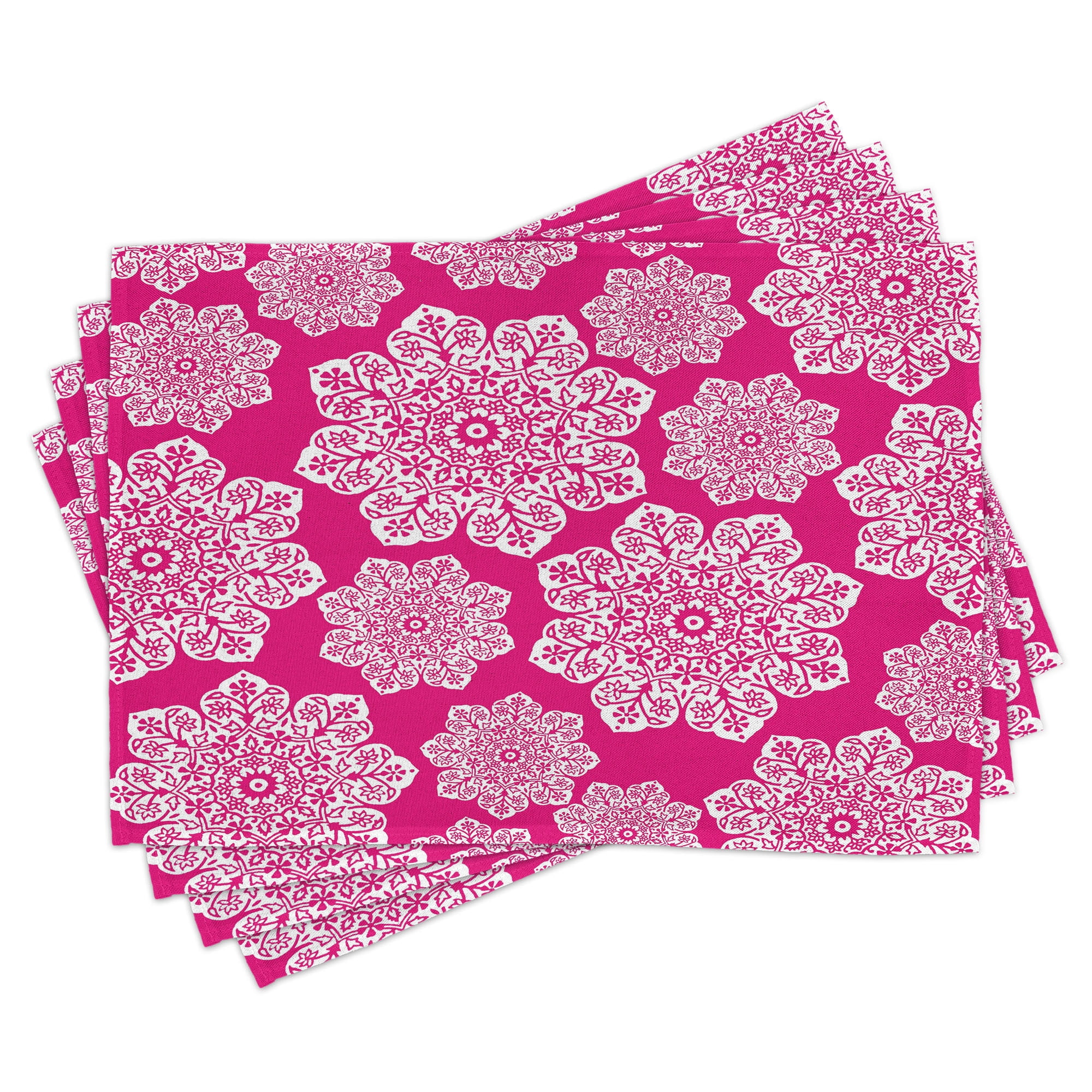 Ambesonne Hot Pink Place Mats Set of 4, White Floral Mandala, Standard ...