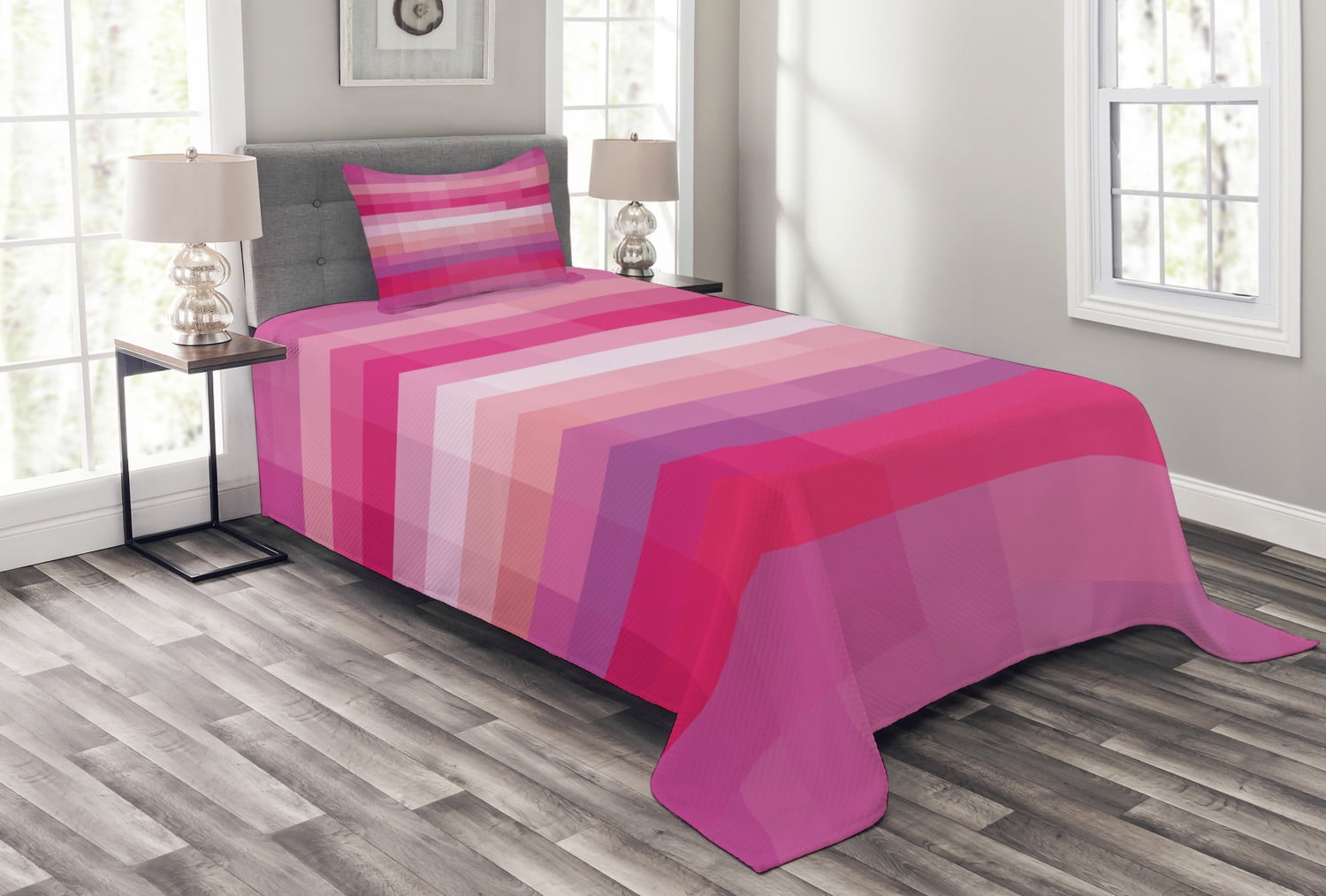 Ambesonne Hot Pink Quilted Bedspread Set 2 Pcs, Color Gradient Cubism ...