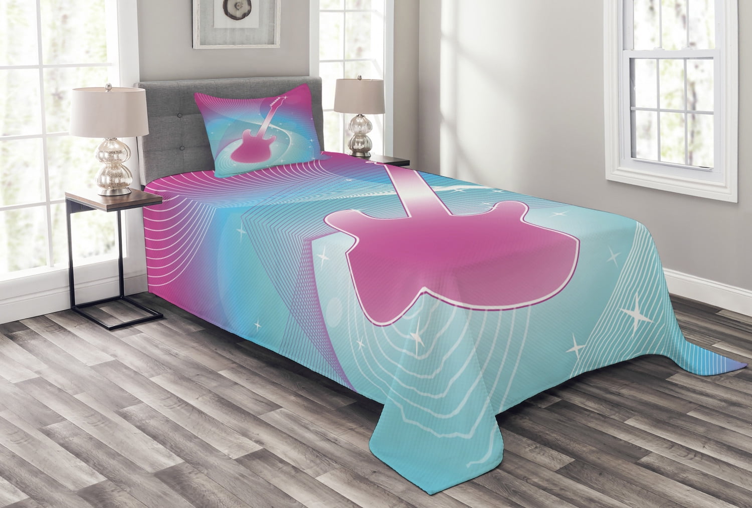 Ambesonne Hot Pink Quilted Bedspread Set 2 Pcs, Guitar Music Vibrant ...