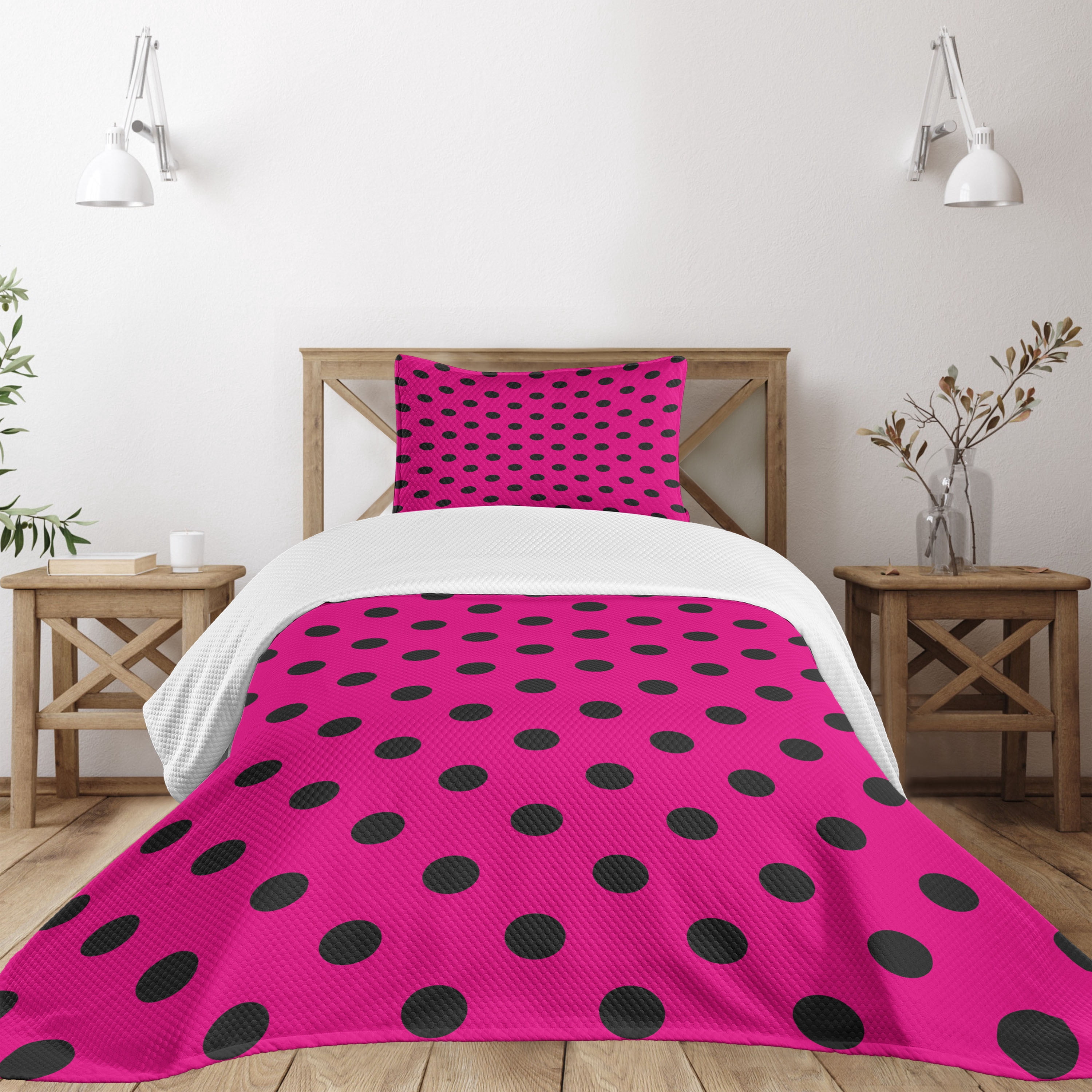 Ambesonne Hot Pink Quilted Bedspread Set 2 Pcs, Pop Art Inspired Dots ...