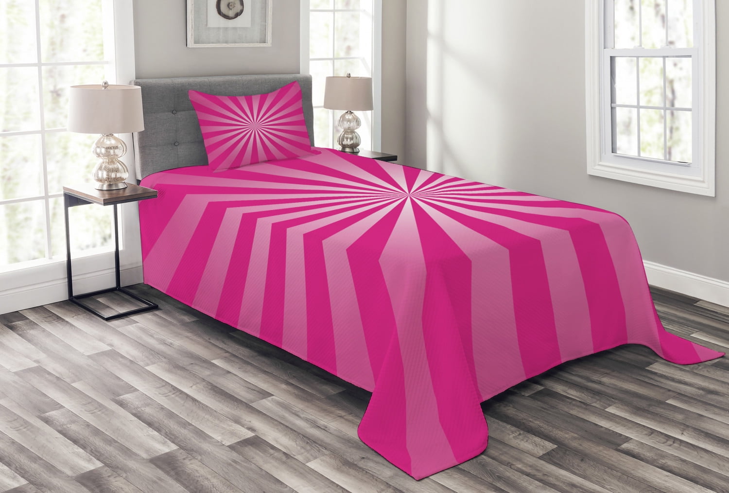 Ambesonne Hot Pink Quilted Bedspread Set 2 Pcs, Retro Fractal Stripes ...