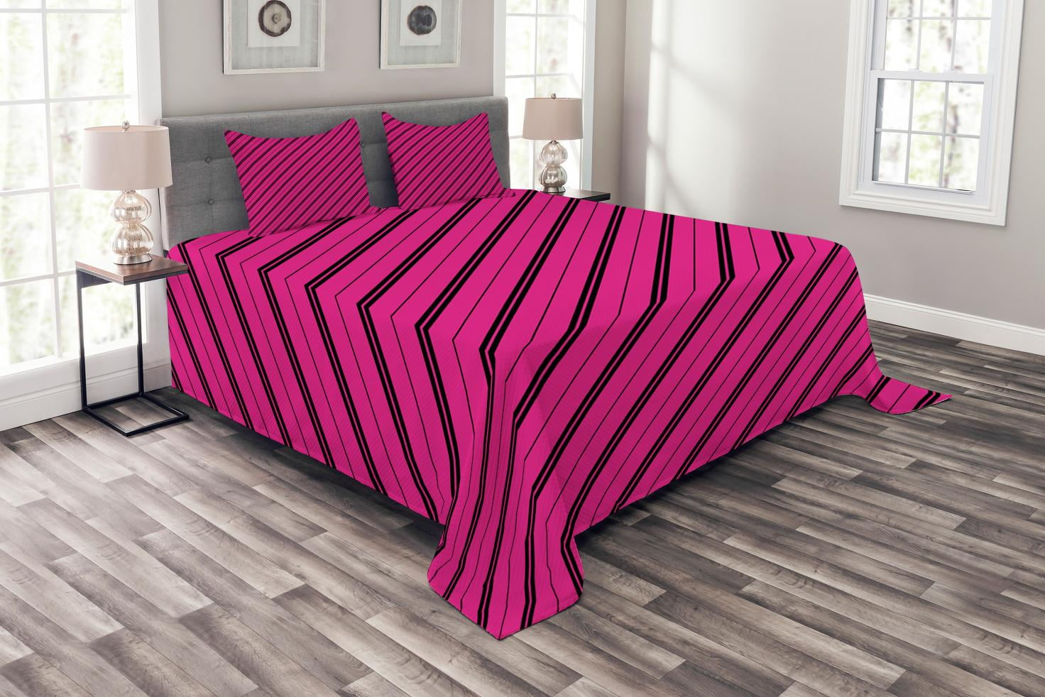 Ambesonne Hot Pink Quilted Bedspread Set 3 Pcs, Diagonal Lines Modern ...