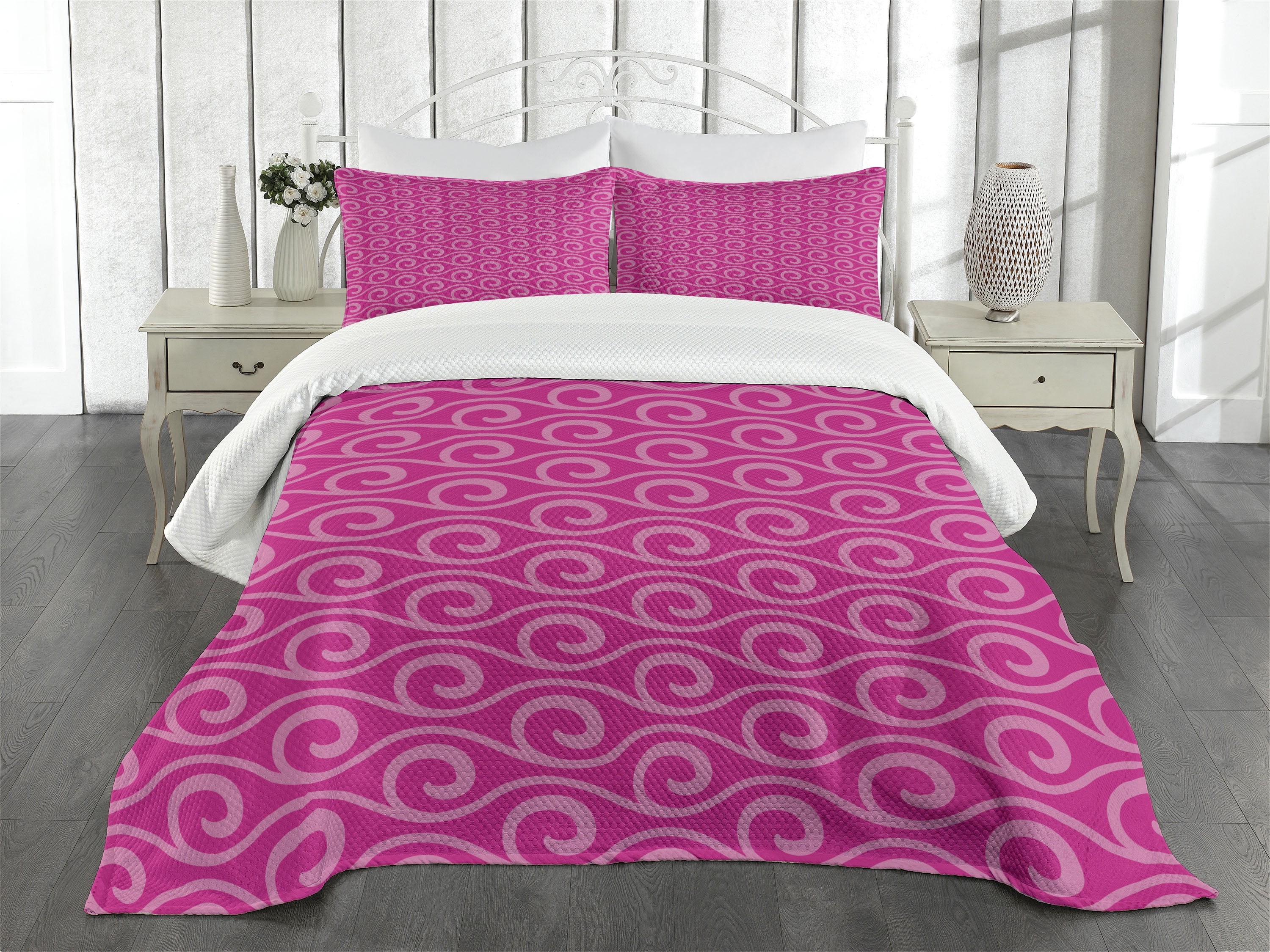 Ambesonne Hot Pink Quilted Bedspread Set 3 Pcs, Fantasy Waves Curves ...