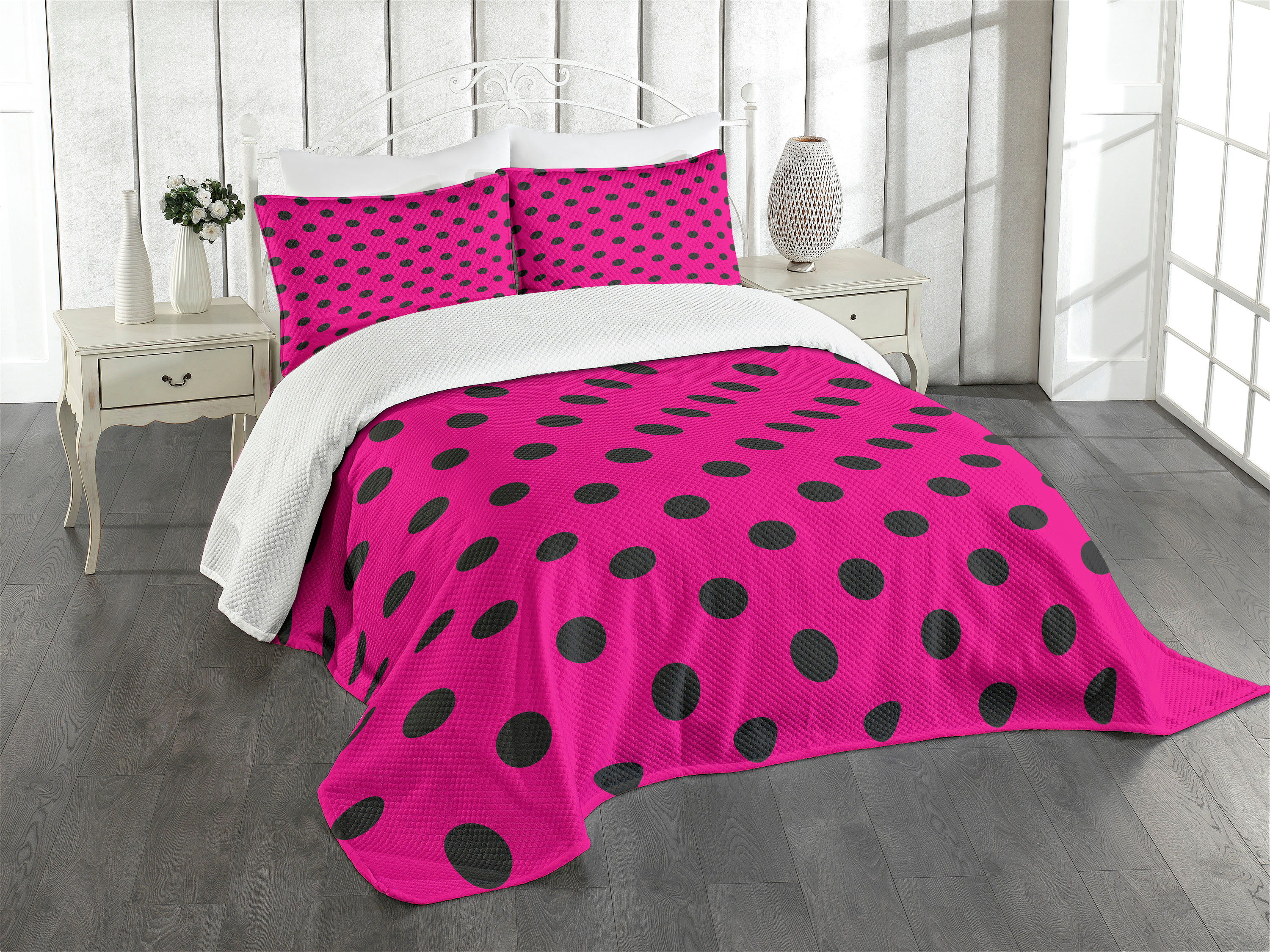 Ambesonne Hot Pink Quilted Bedspread Set 3 Pcs, Pop Art Inspired Dots ...