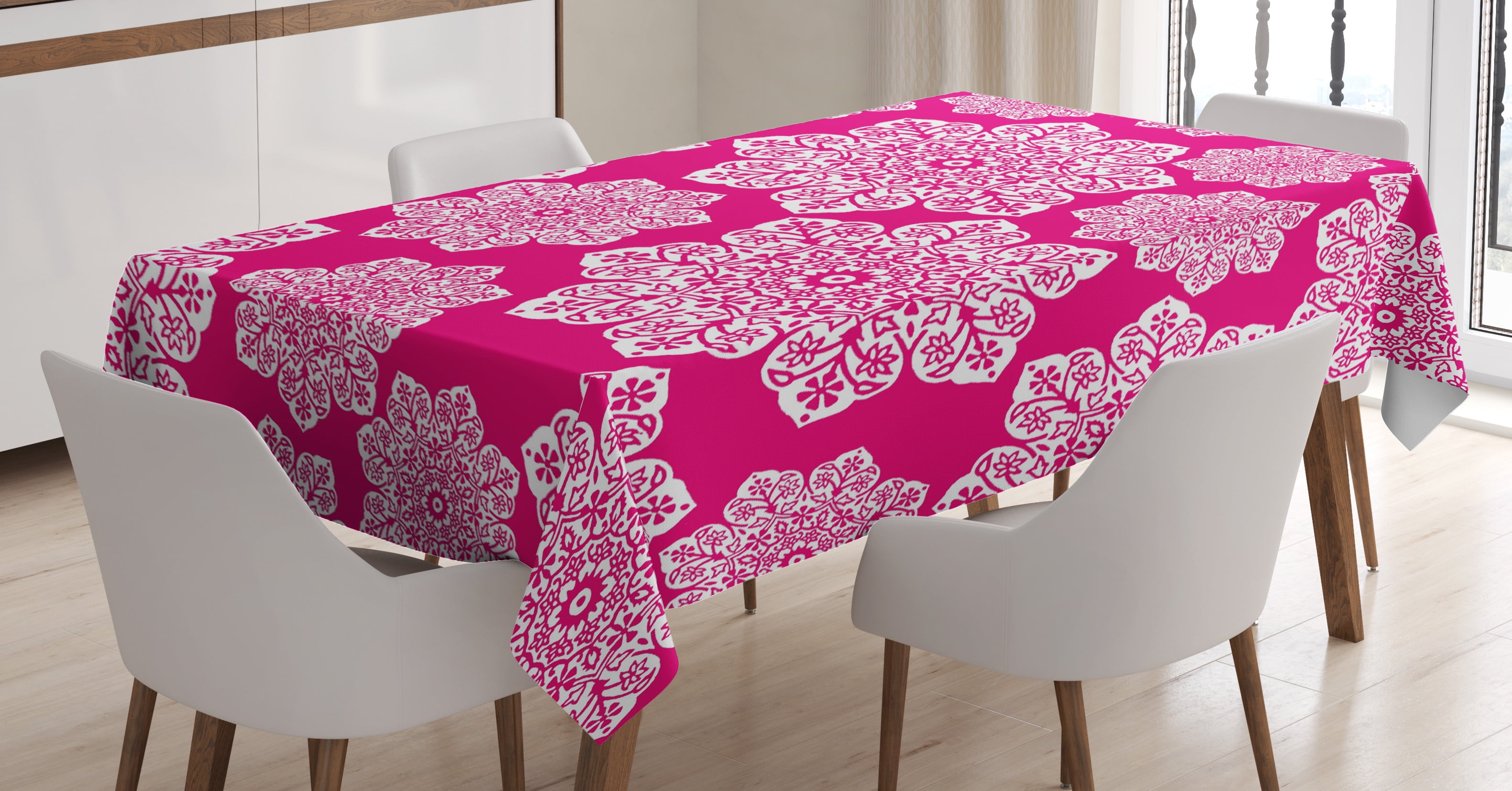 Ambesonne Hot Pink Tablecloth Rectangular Table Cover, White Floral ...
