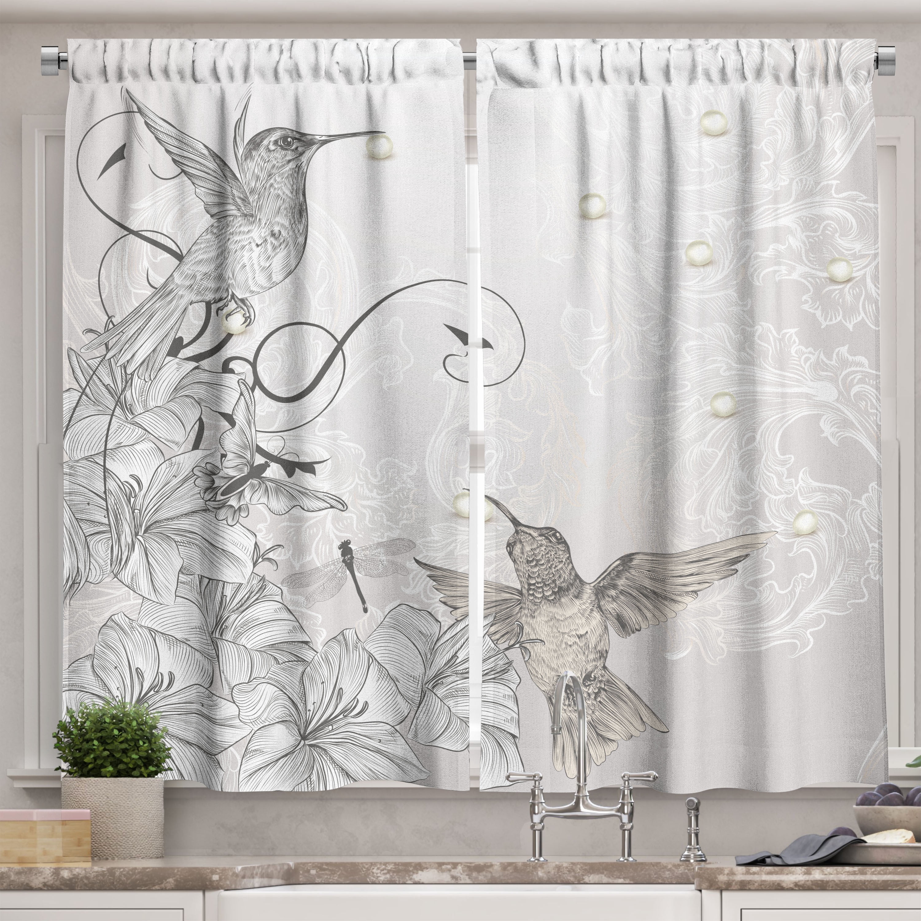 Ambesonne Hummingbird Kitchen Curtains, Birds Pearls Drawing, 55"x45 ...