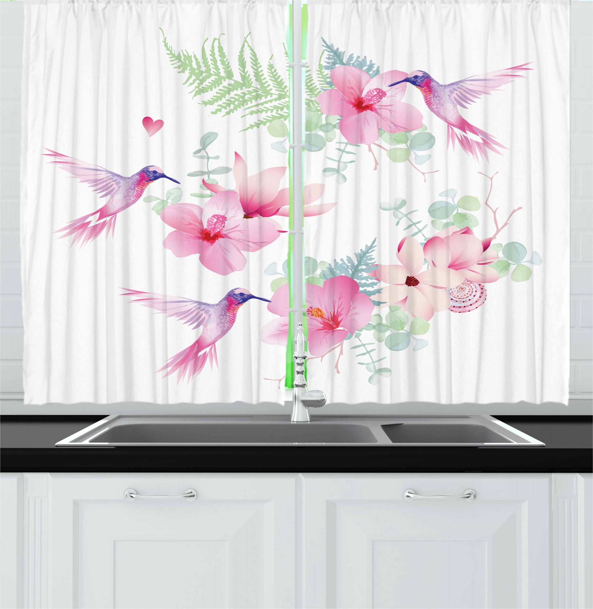 Ambesonne Hummingbirds Kitchen Curtains, Flowers Wild Nature, 55"x45 ...
