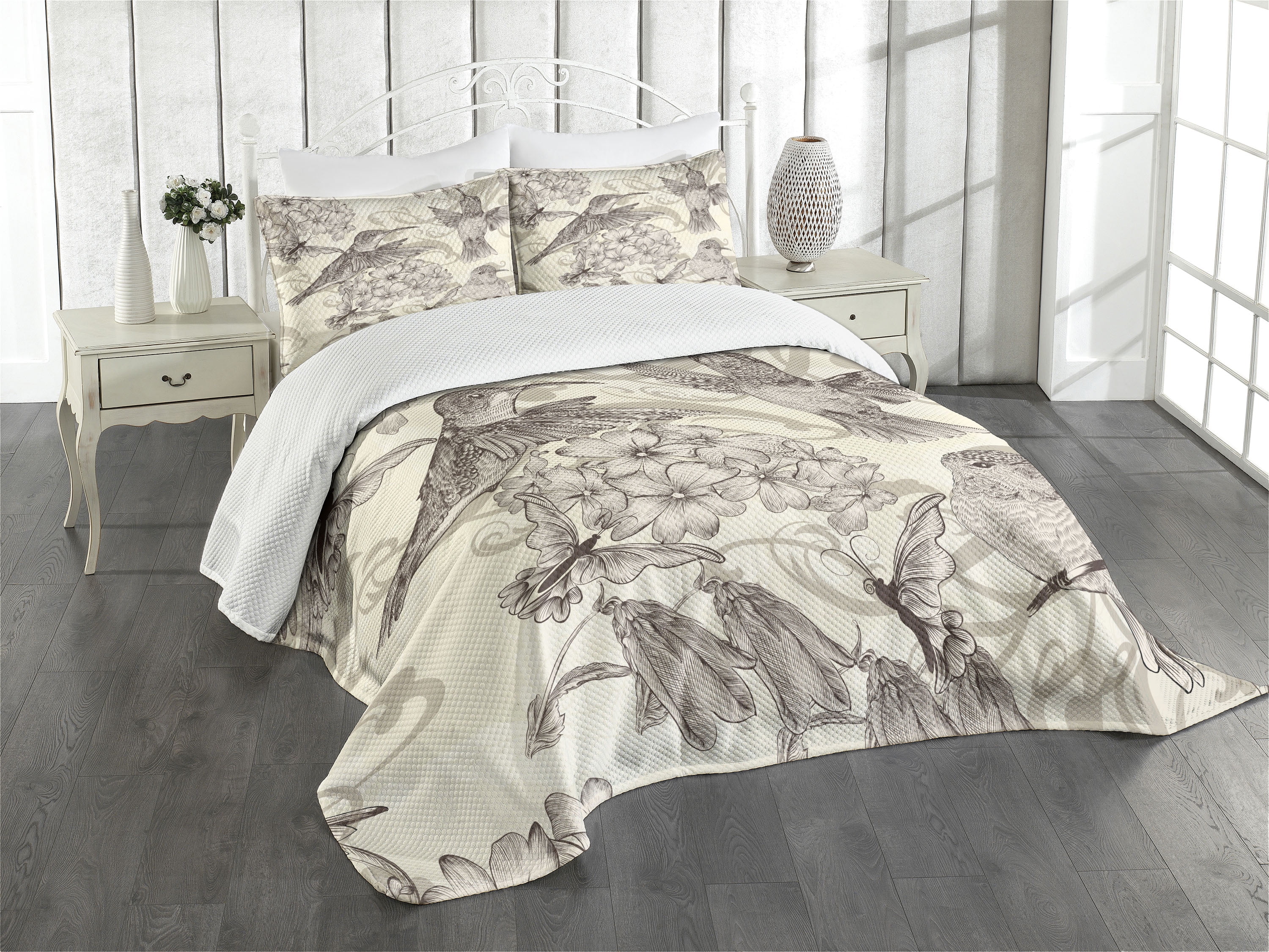 Ambesonne Hummingbirds Quilted Bedspread Set 3 Pcs, Old Birds and ...