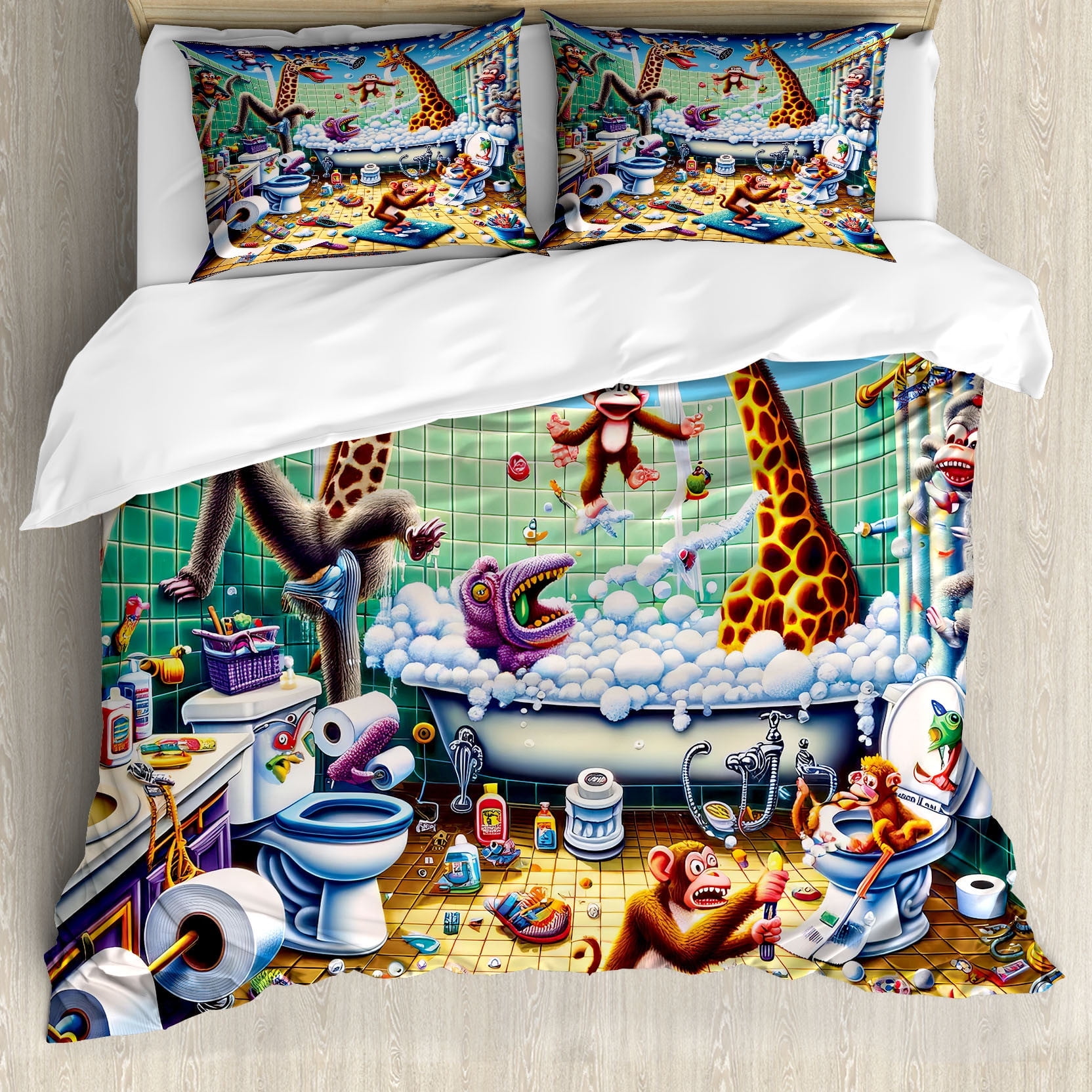Ambesonne Humorous Duvet Cover Set, Funny Chaos Bath Animals, Queen ...