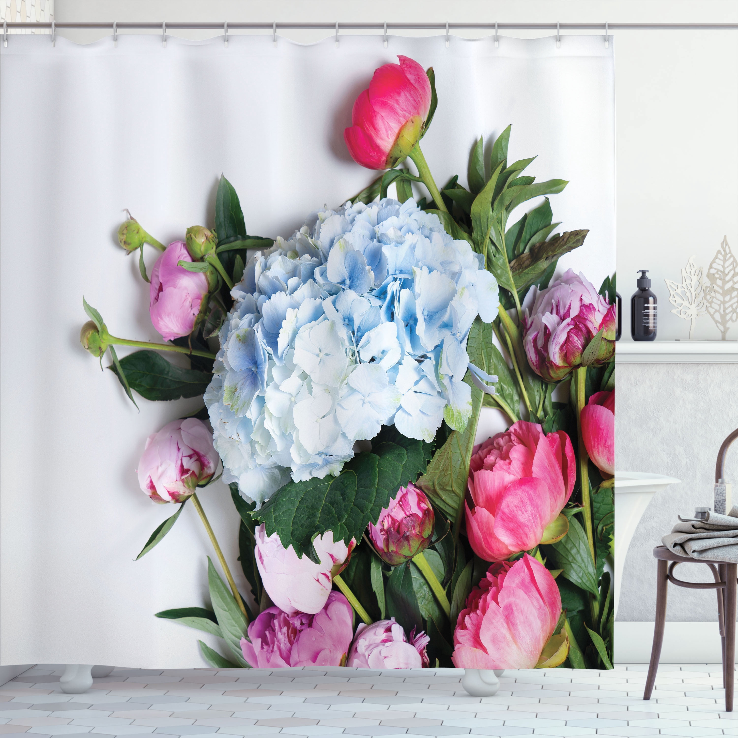 Ambesonne Hydrangea Shower Curtain, Peony and Other Flowers, 69"Wx70"L ...