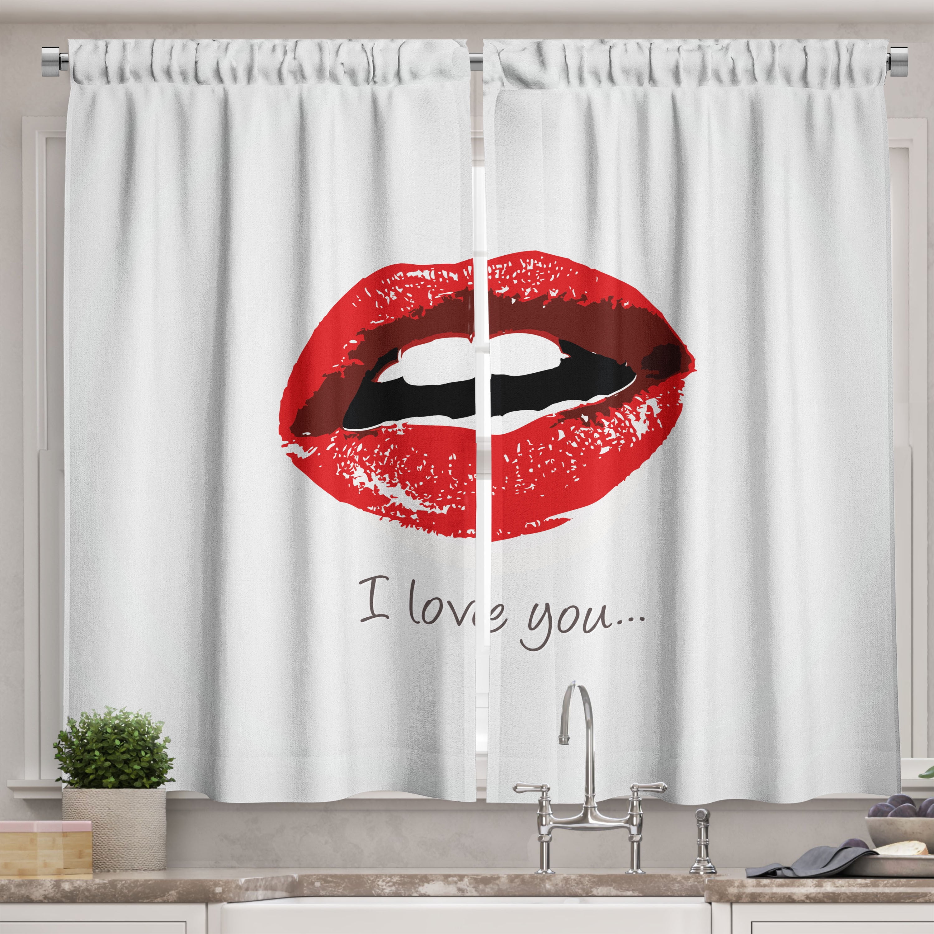 Ambesonne I Love You Kitchen Curtains, Seductic Female Lips, 55"x39 ...