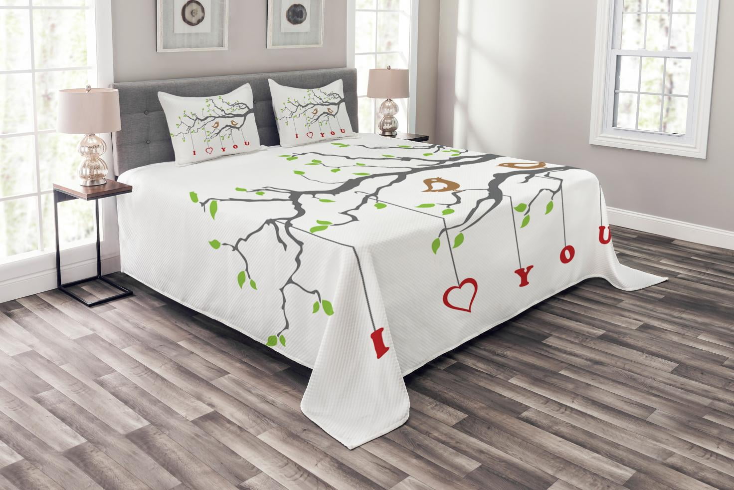 Ambesonne I Love You Quilted Bedspread Set 3 Pcs, Romantic Birds Tree ...