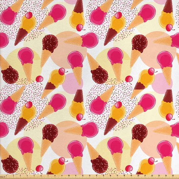 Ambesonne Ice Cream Fabric by the Yard Upholstery, Cherries and Circles ...