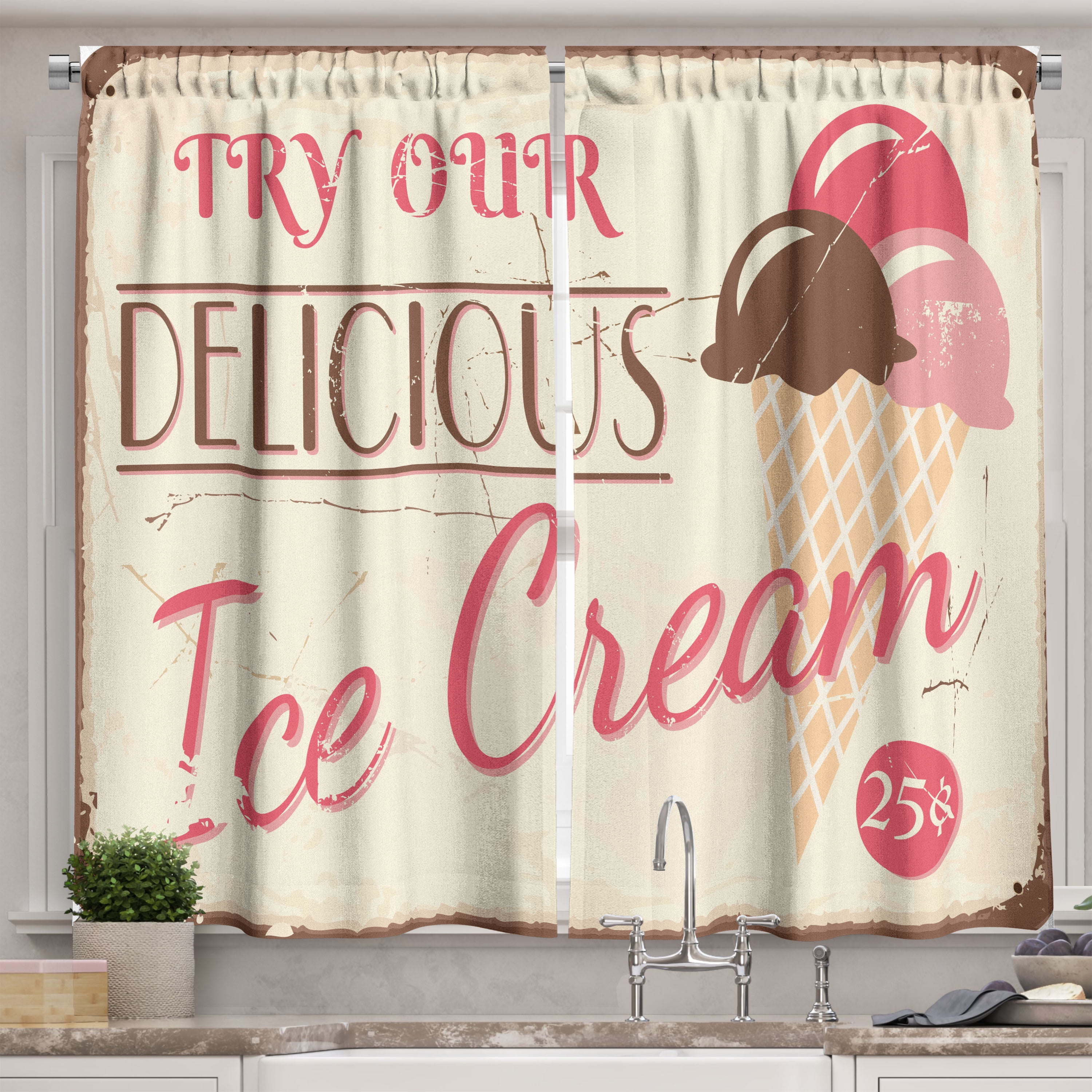 Ambesonne Ice Cream Kitchen Curtains, Pop Art Logo, 55"x39", Pink Cream ...