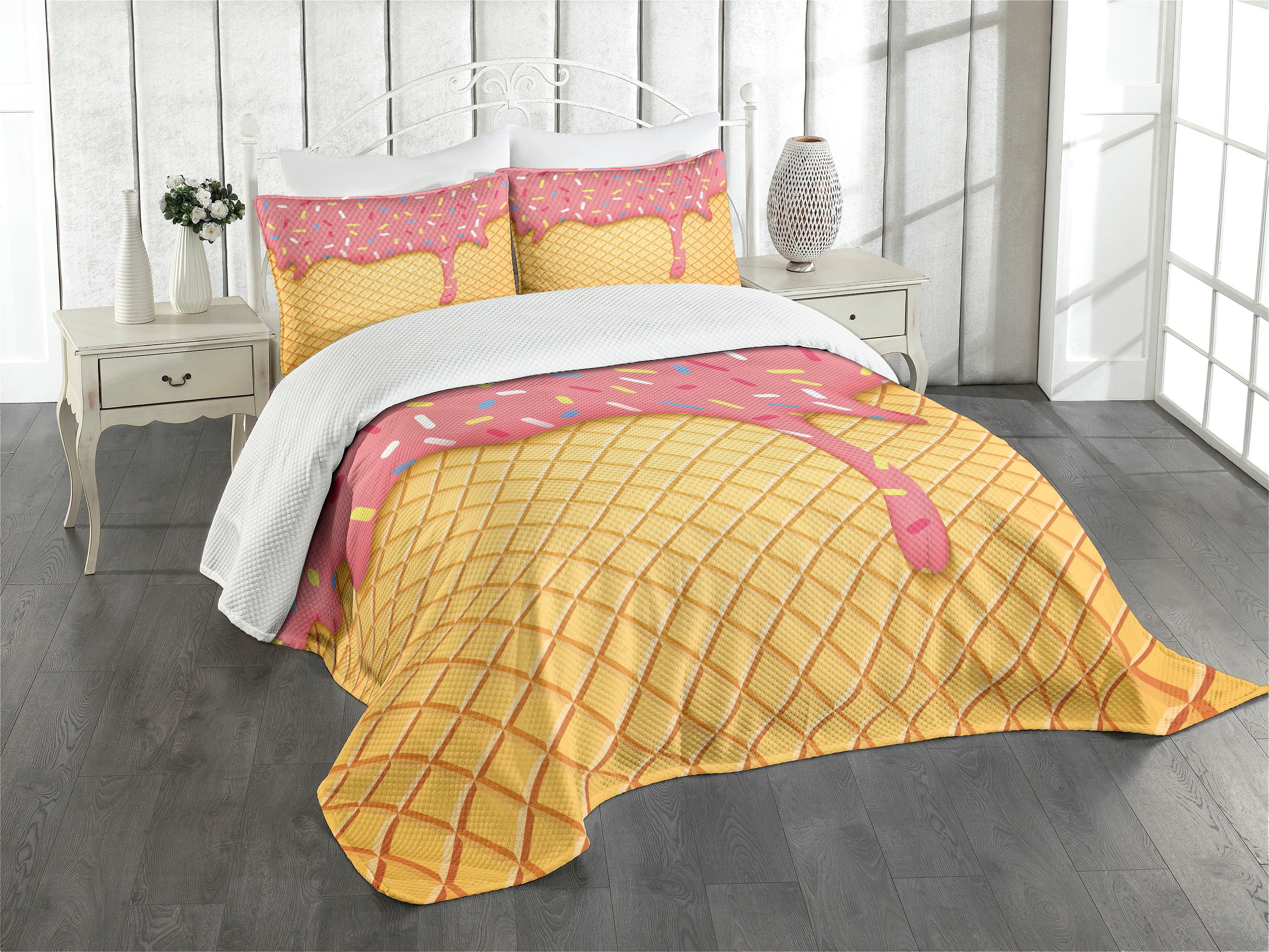 Ambesonne Ice Cream Quilted Bedspread Set 3 Pcs, Waffle Pattern, Queen ...