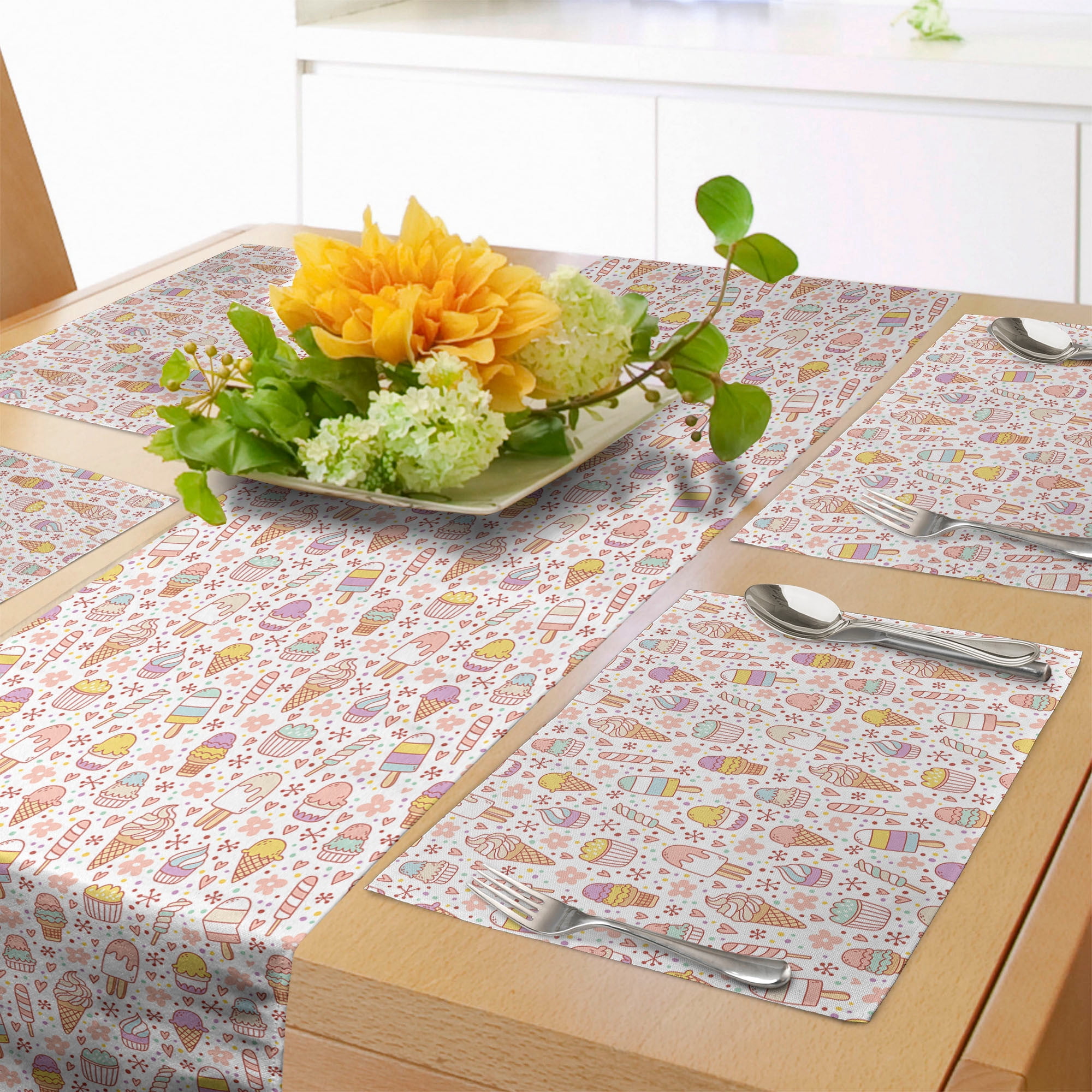 Ambesonne Ice Cream Table Runner & Placemats, Pastel Flavours Popsicles ...