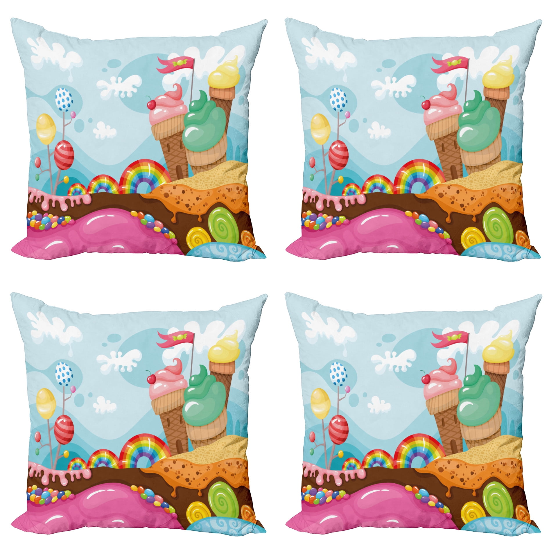 Ambesonne Ice Cream Throw Pillow Cover 4 Pack, Dessert Land, 24 ...