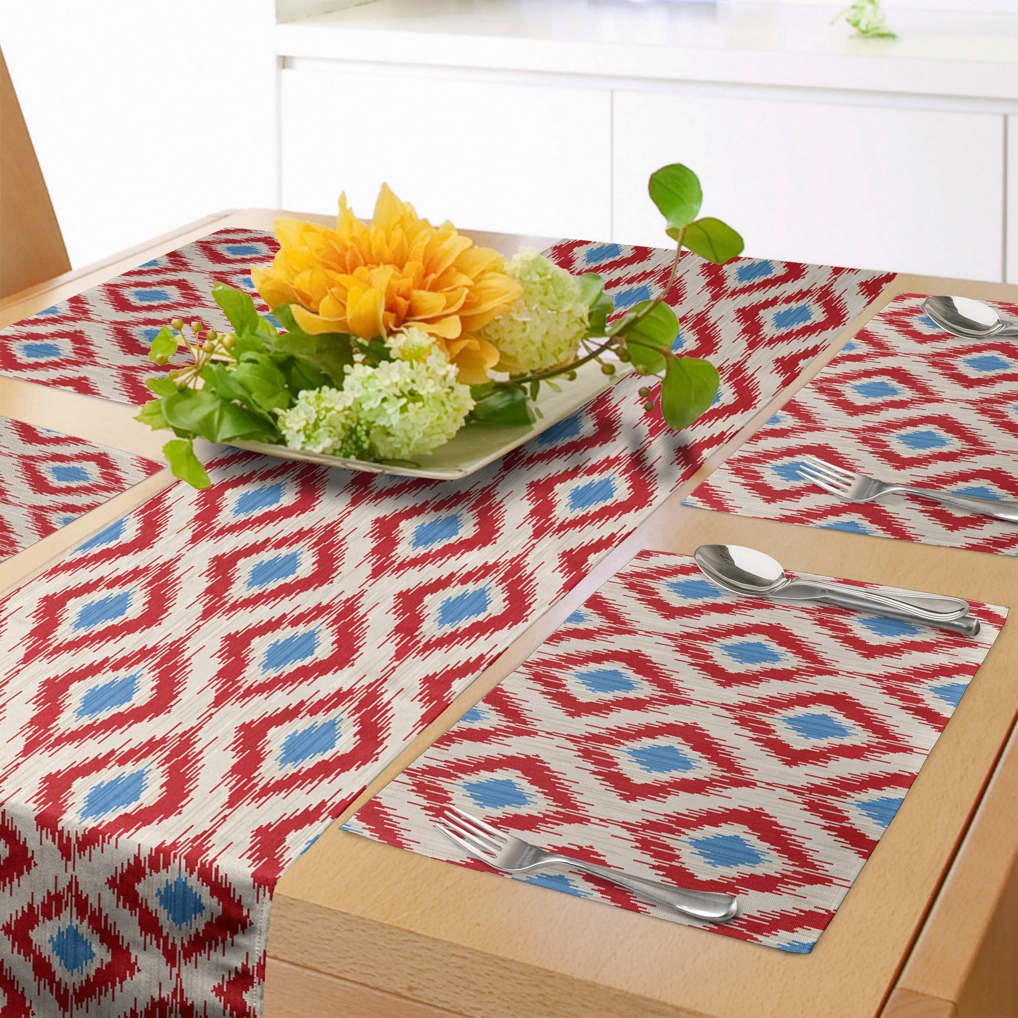 Ambesonne Ikat Table Runner & Placemats, Traditional Diamond Line ...