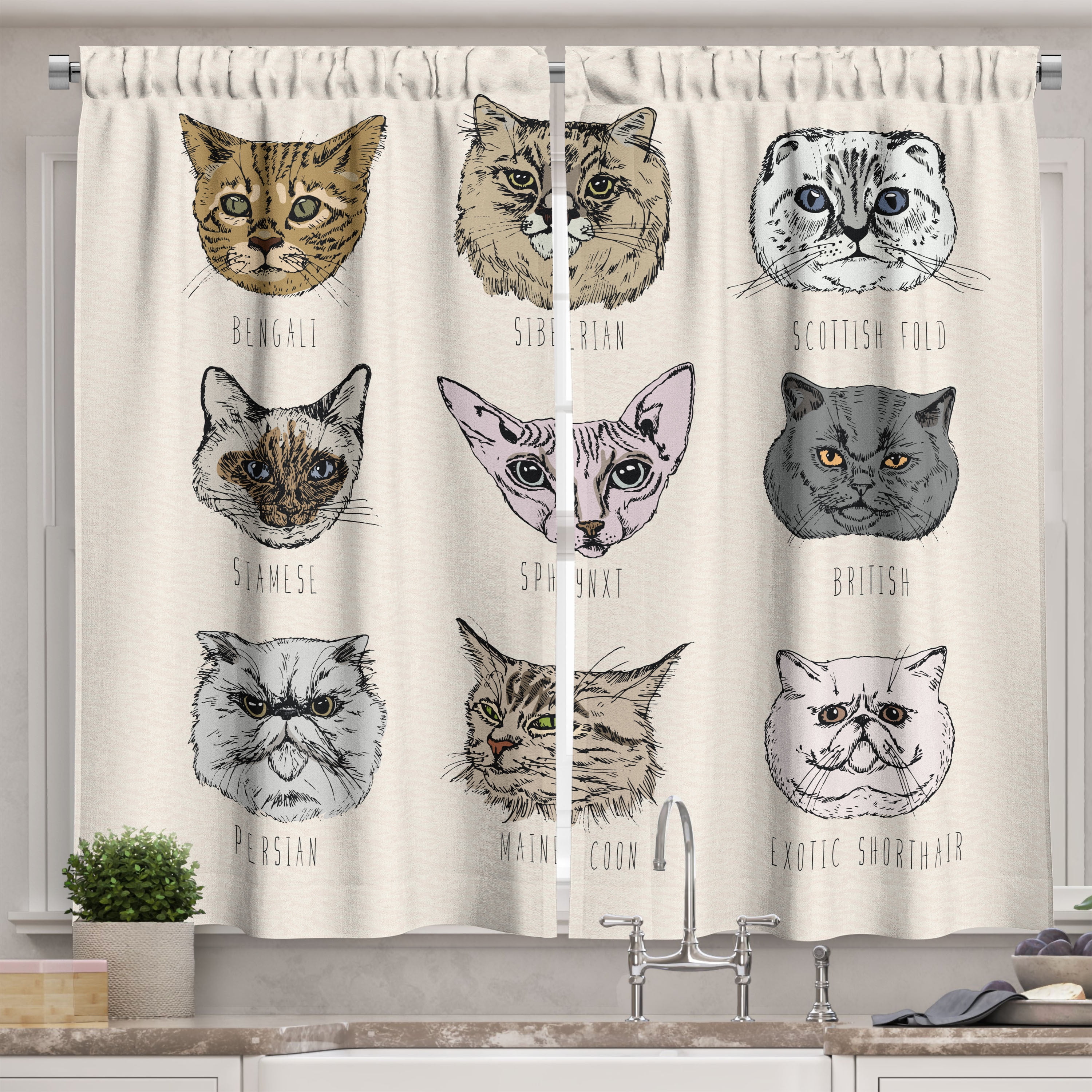 Ambesonne Indie Kitchen Curtains, Pet Cat Portraits, 55"x45", Tan Beige ...