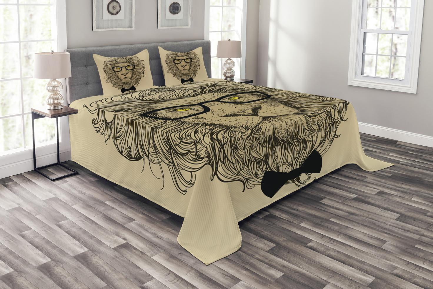 Ambesonne Indie Quilted Bedspread Set 3 Pcs, Dandy Cool Lion Character ...