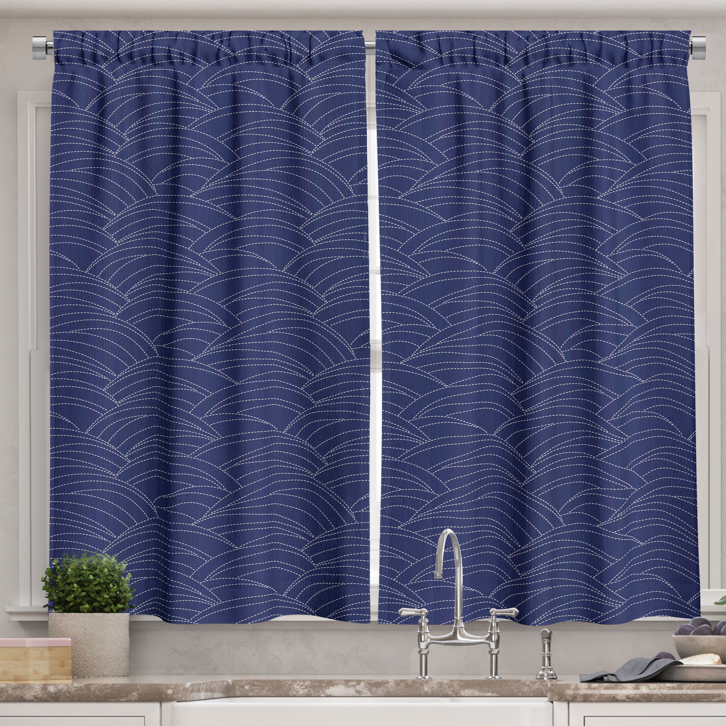 Ambesonne Indigo Blue Kitchen Curtains, Modern Dash Line Waves, 55"x39 ...