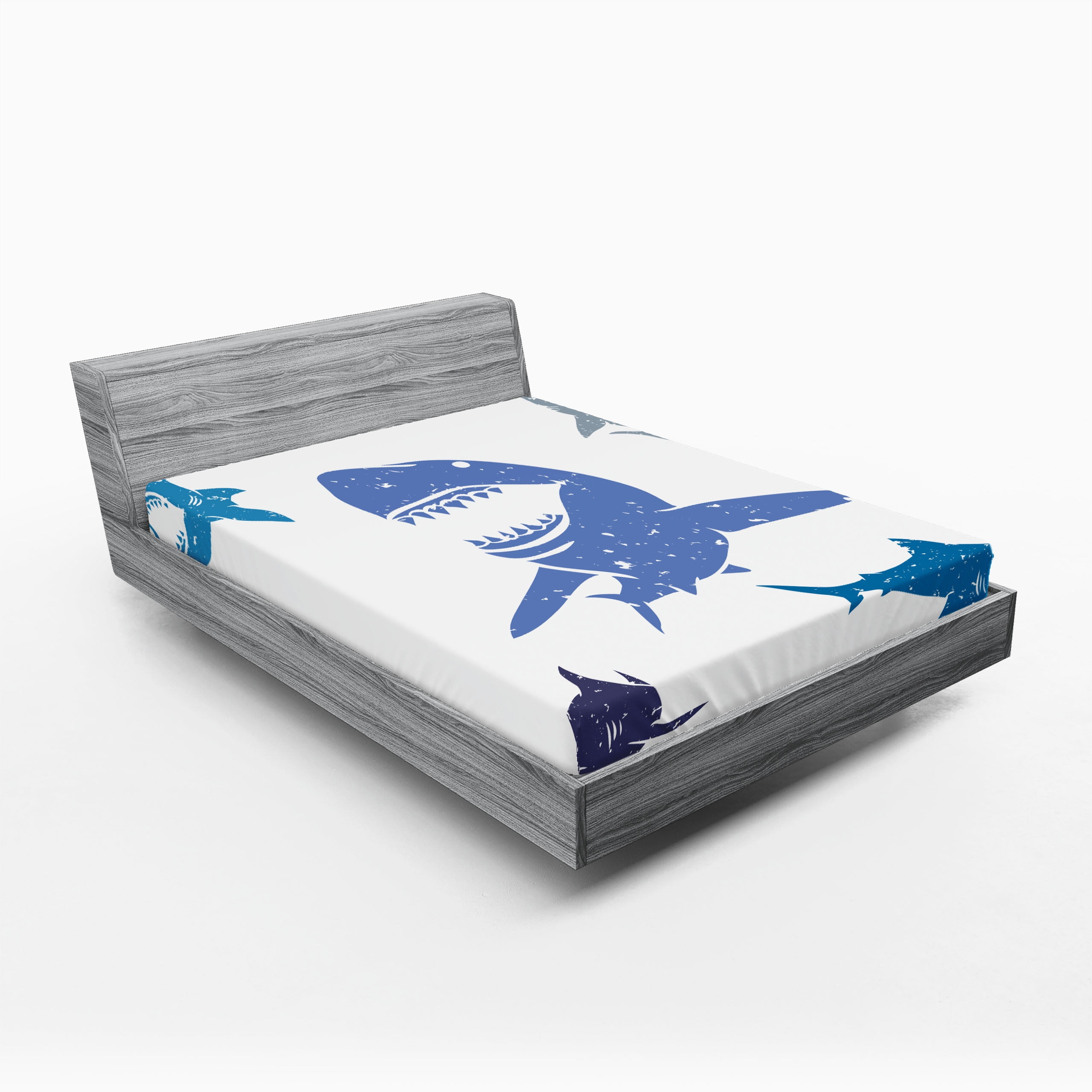 Ambesonne Indigo Fitted Sheet, Grunge Sharks Wildlife, Queen Size ...