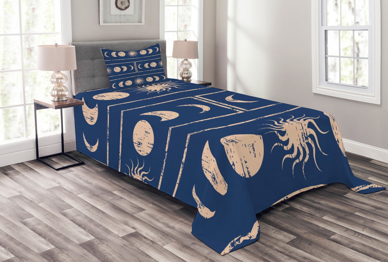 Ambesonne Indigo Quilted Bedspread Set 2 Pcs, Sun Moon Astrology, Twin ...