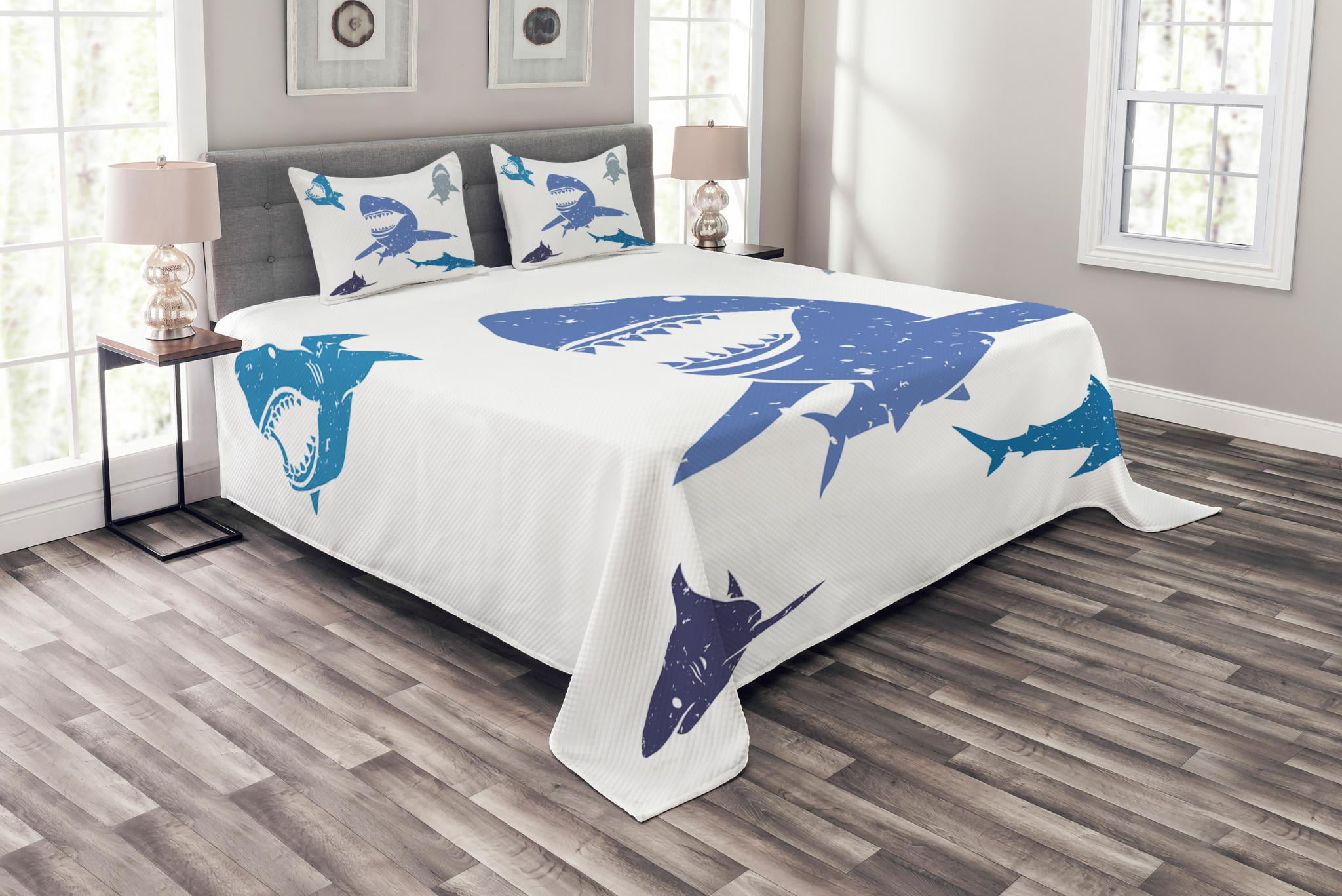 Ambesonne Indigo Quilted Bedspread Set 3 Pcs, Grunge Sharks Wildlife ...