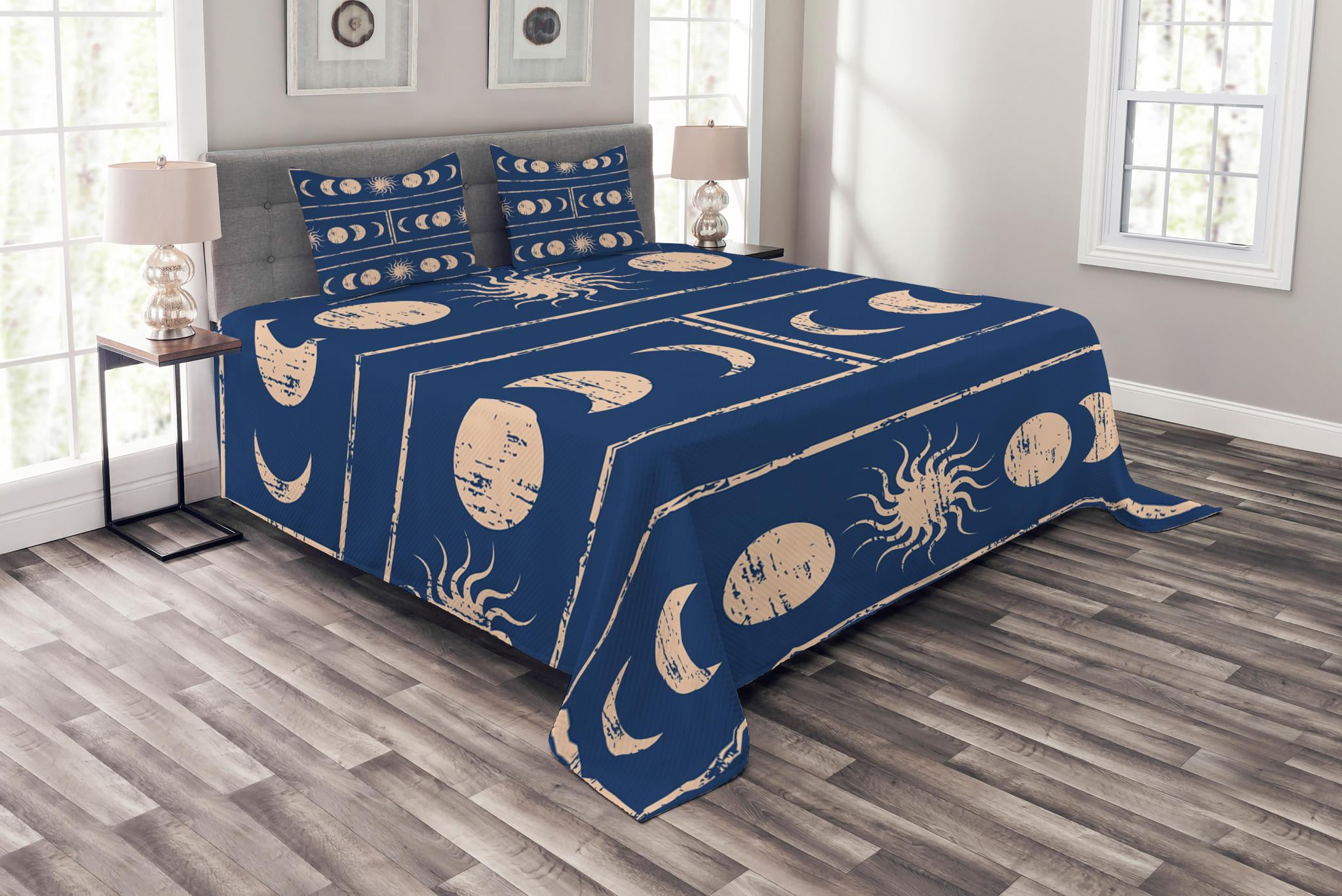 Ambesonne Indigo Quilted Bedspread Set 3 Pcs, Sun Moon Astrology, Queen ...