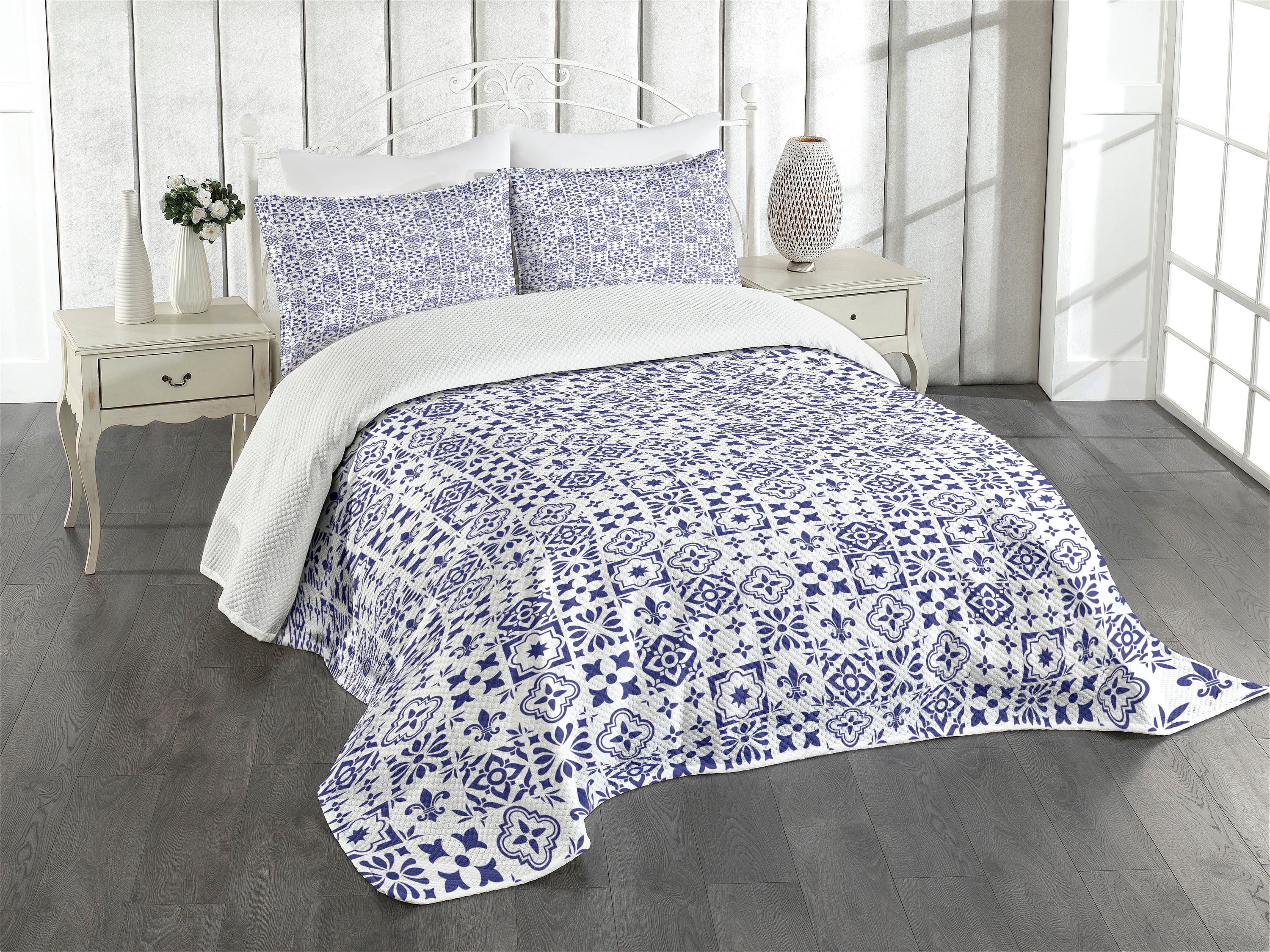 Ambesonne Indigo Quilted Bedspread Set 3 Pcs, Tile Square Abstract ...
