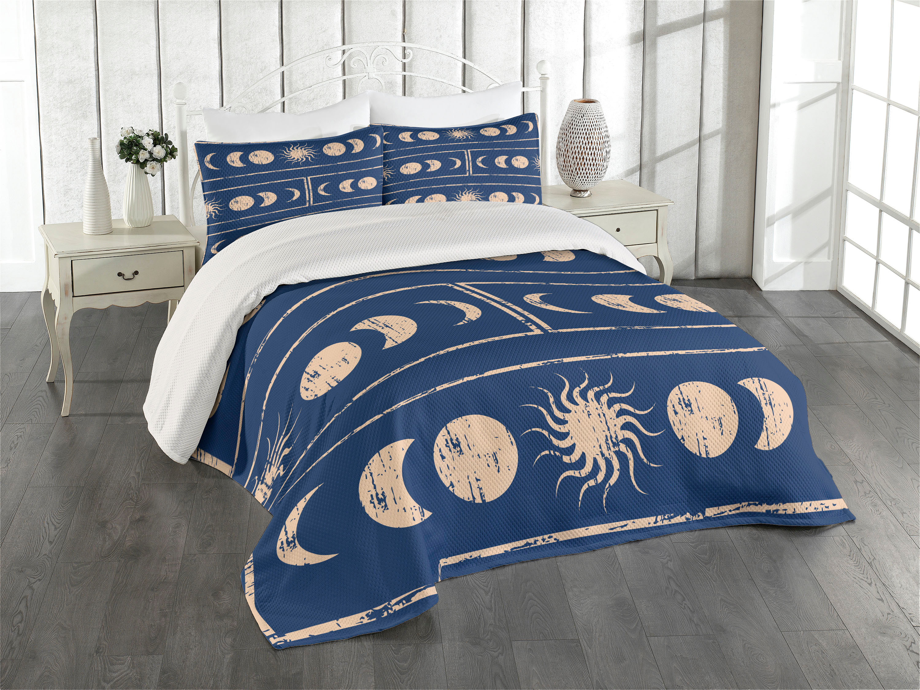 Ambesonne Indigo Quilted Coverlet 3 Pcs, Sun Moon Astrology, King Size ...