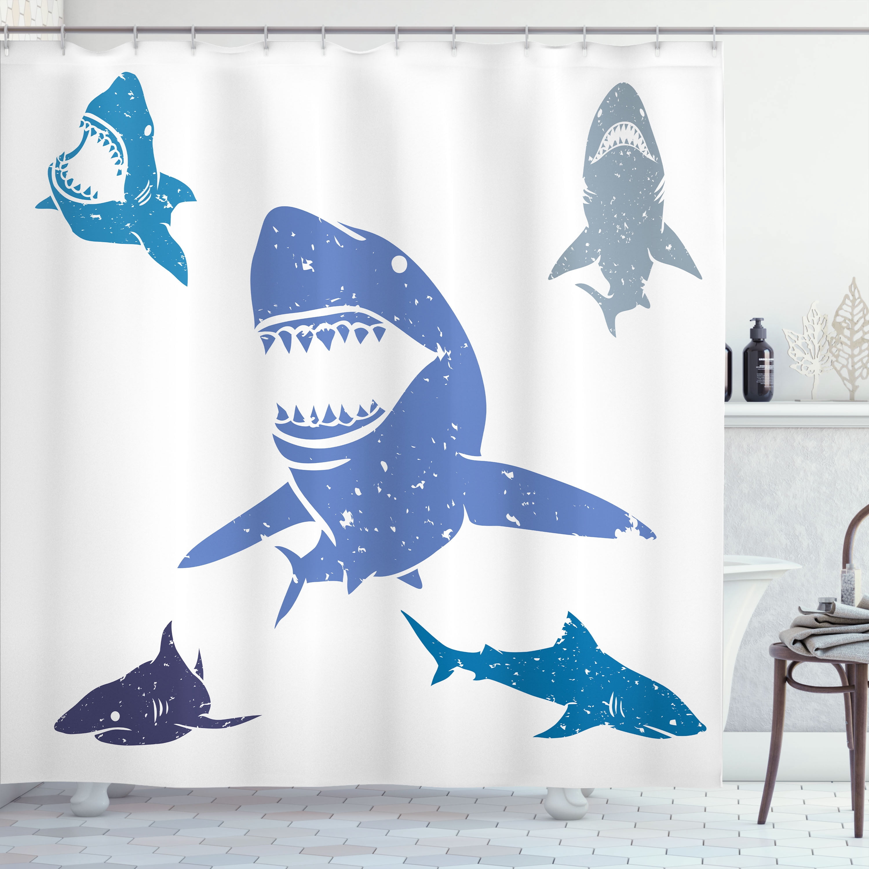 Ambesonne Indigo Shower Curtain, Grunge Sharks Wildlife, 69"Wx84"L ...