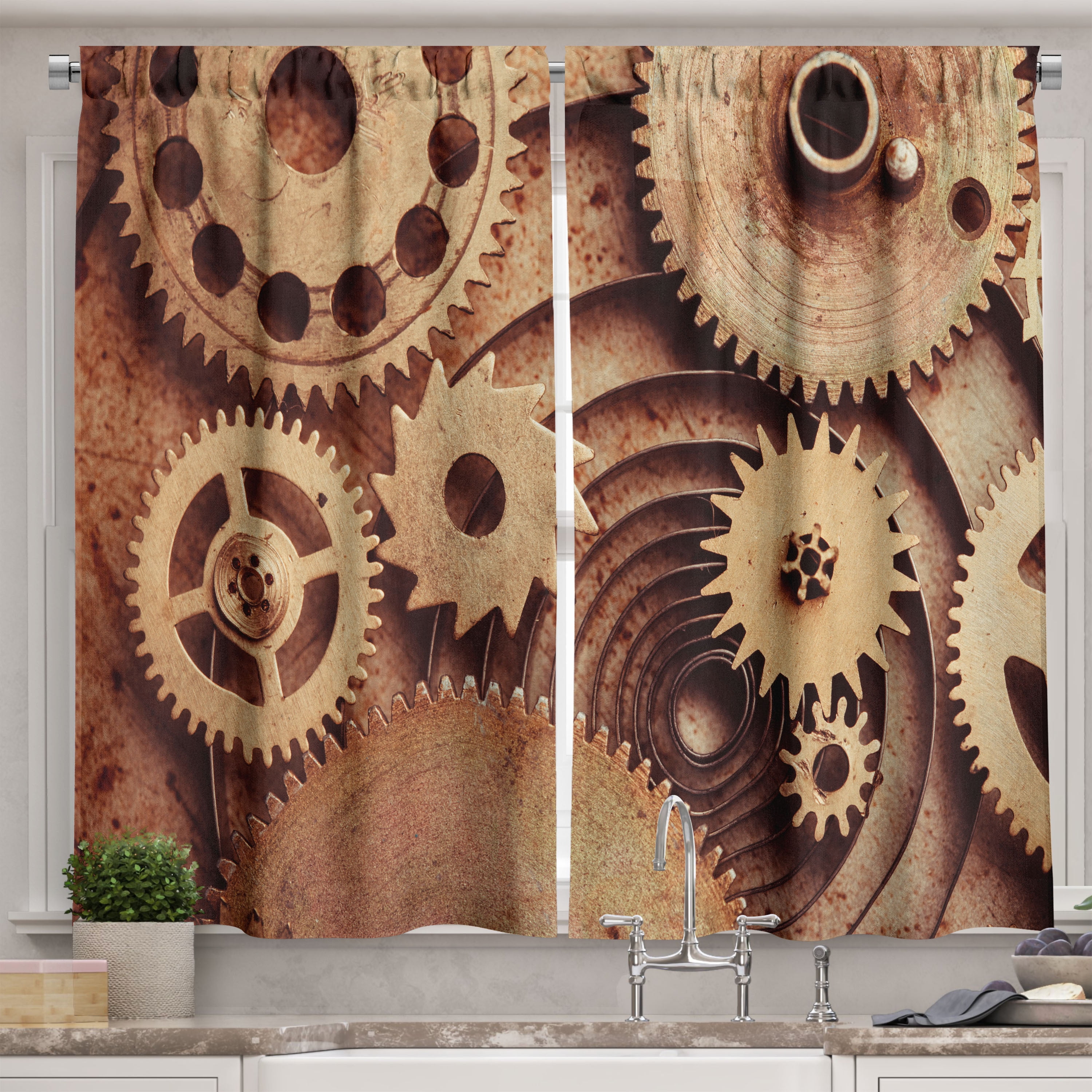 Ambesonne Industrial Kitchen Curtains, Clocks Gears, 55"x39", Cinnamon ...