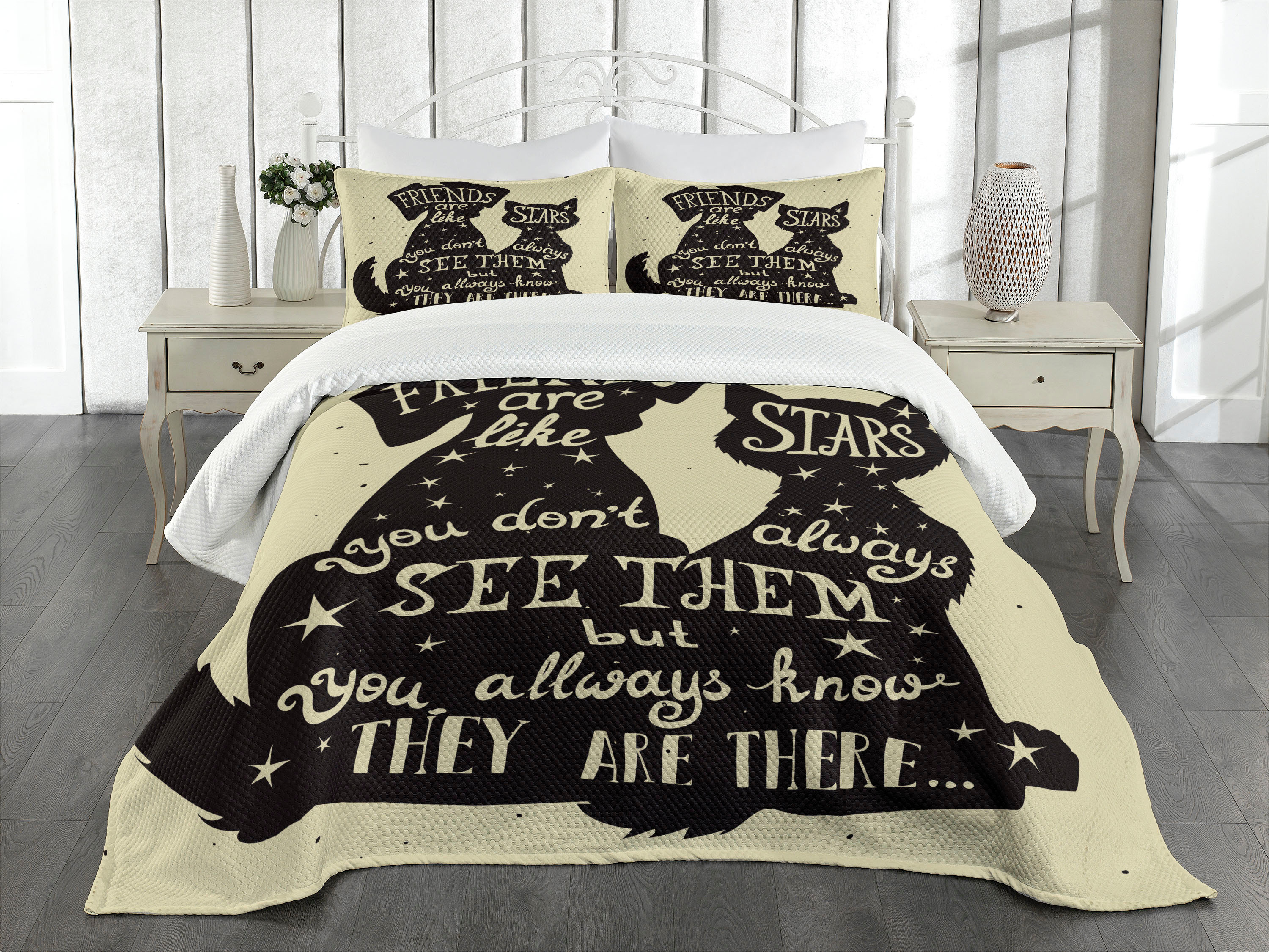 Ambesonne Inspirational Quilted Bedspread Set 3 Pcs, Cat Dog Friends ...