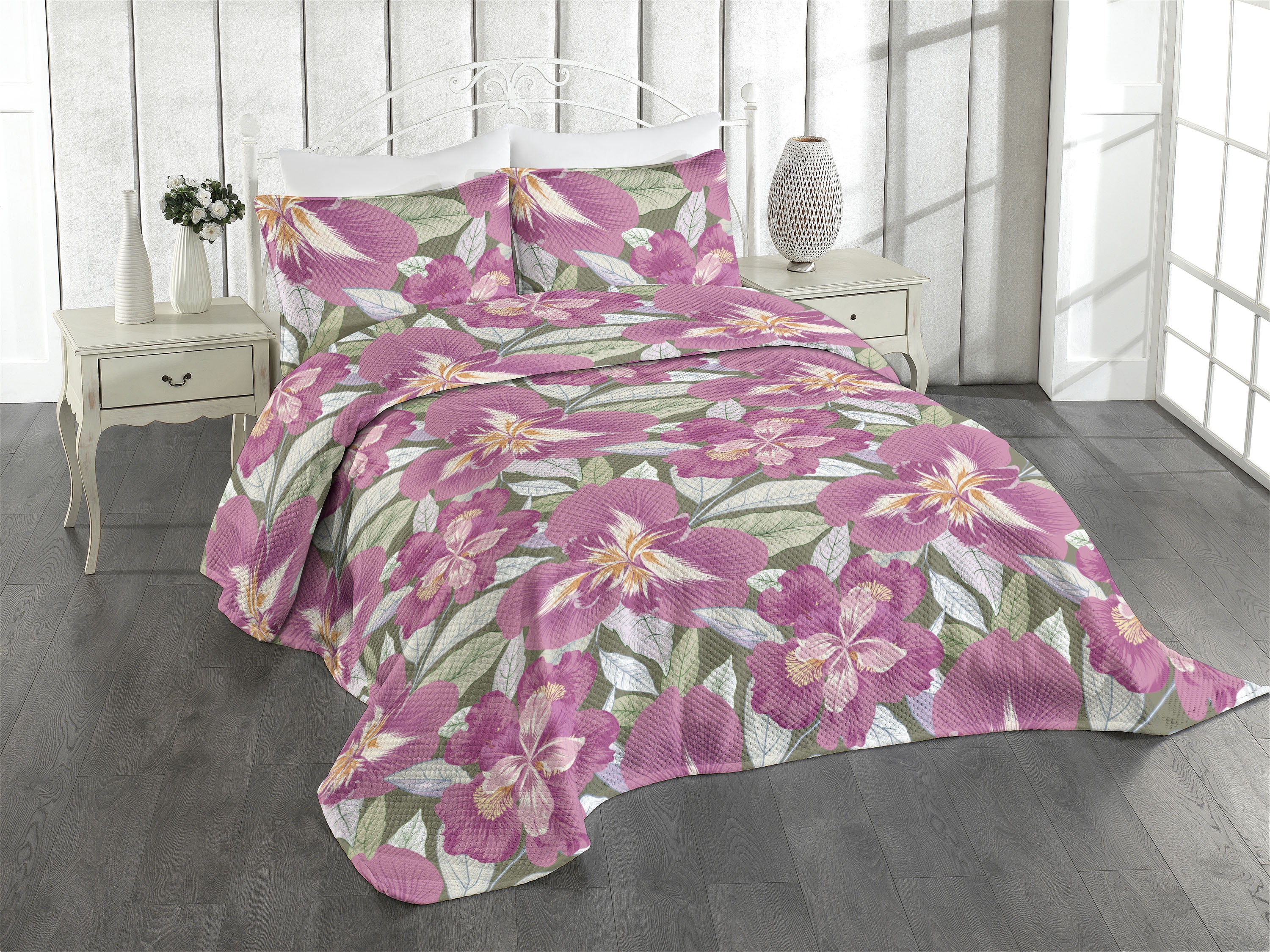 Ambesonne Iris Flowers Quilted Coverlet 3 Pcs, Dreamy Tropical Scene ...